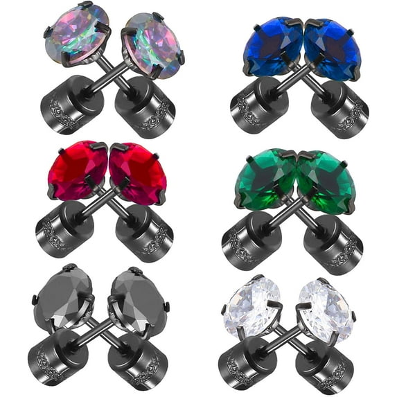 6 Pairs Titanium Stainless Steel Earrings Cubic Zirconia Studs with ...