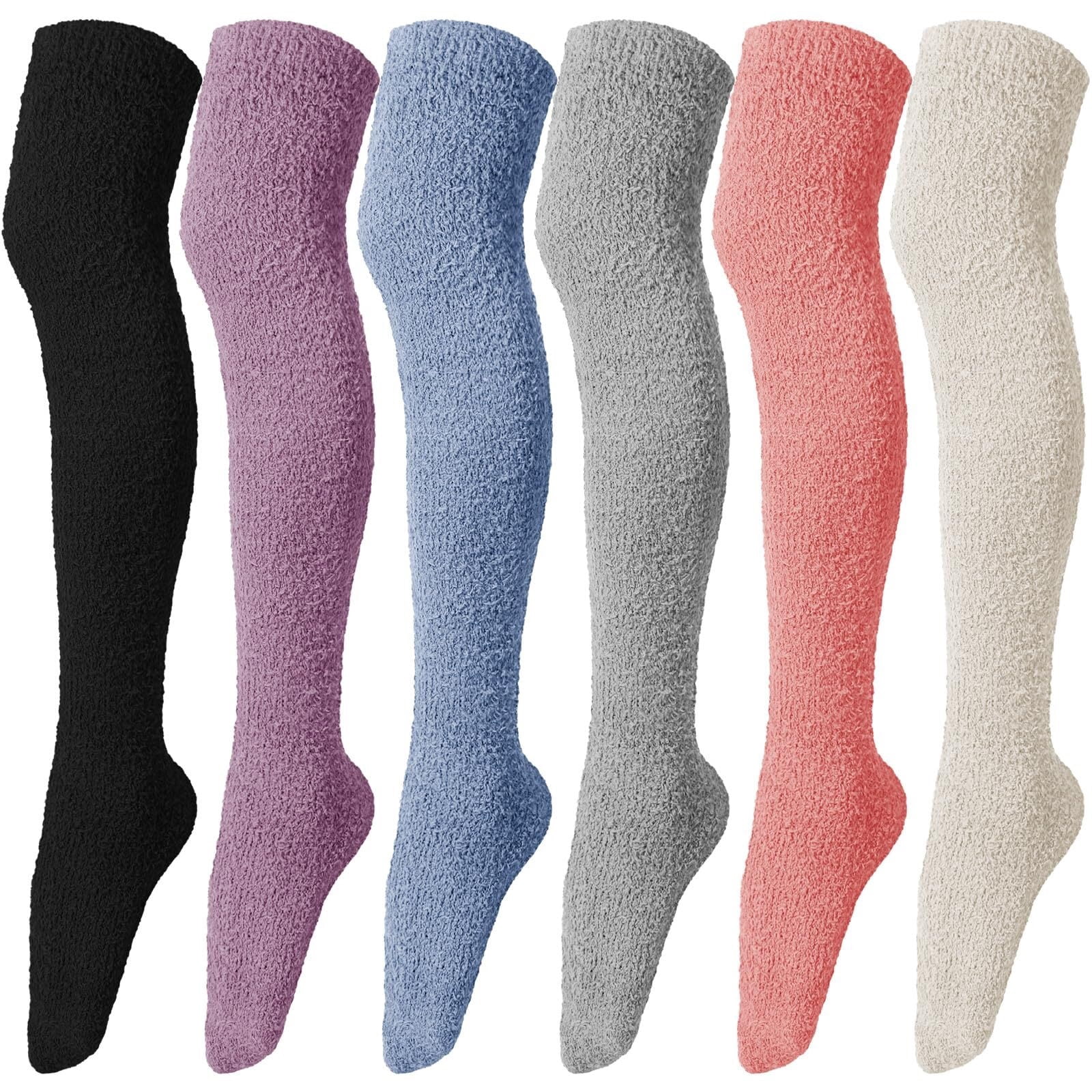 6 Pairs Women Knee High Fuzzy Socks Soft Long Thigh High Warm stockings ...