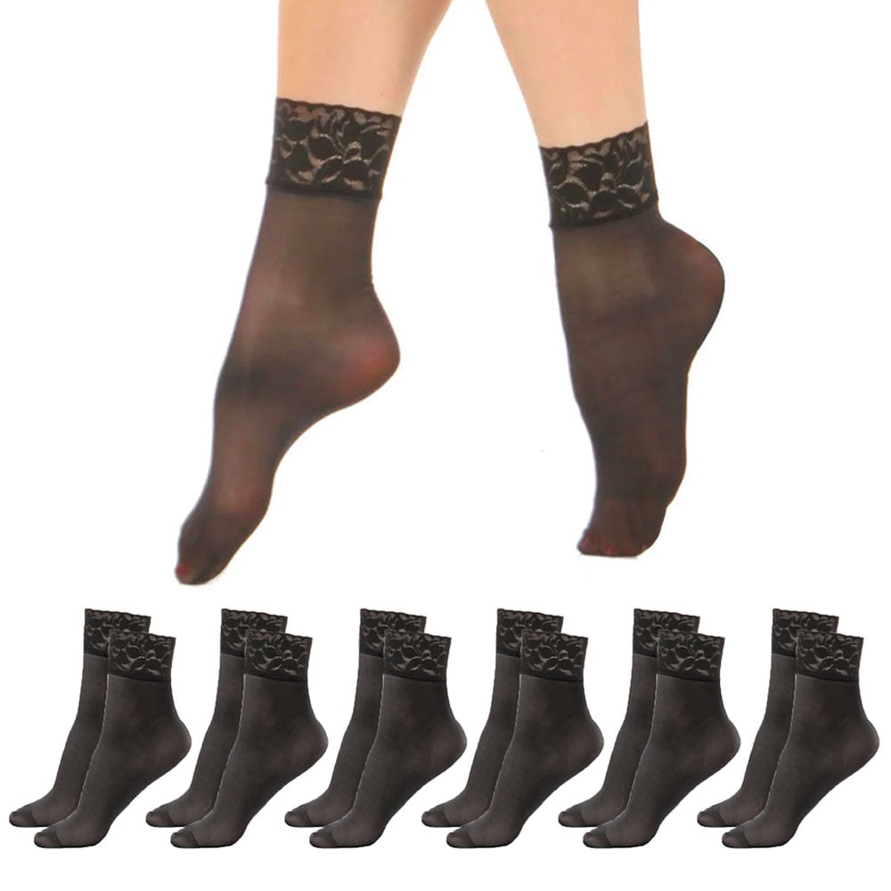 6 Pairs Women's Sheer Ankle Socks Lace Trouser Stocking Pantyhose Black ...