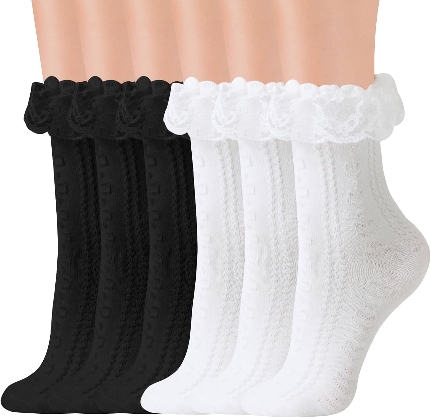 6 Pairs Womens Lace Ruffle Frilly Socks Crew Socks Cotton Cute Princess ...