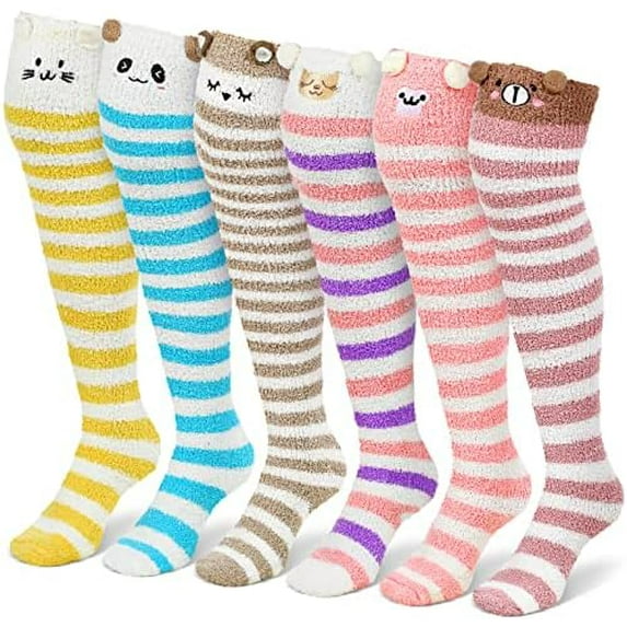 6 Pairs Womens Long Fuzzy Socks Cute Cartoon over Knee Thigh High ...