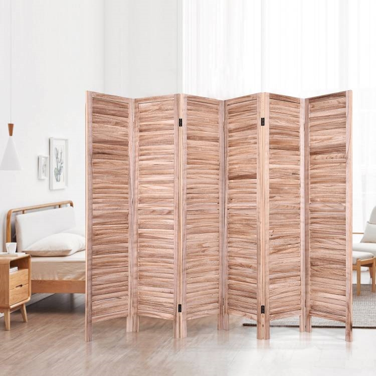 6-Panel Classic Louver Slatted Room Divider Screen in Brown Wood Finish ...