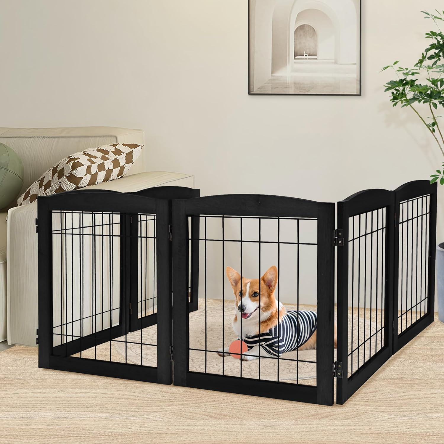 6-Panel Extra-Wide Wooden Freestanding Dog Gate: Foldable Solid Wood ...