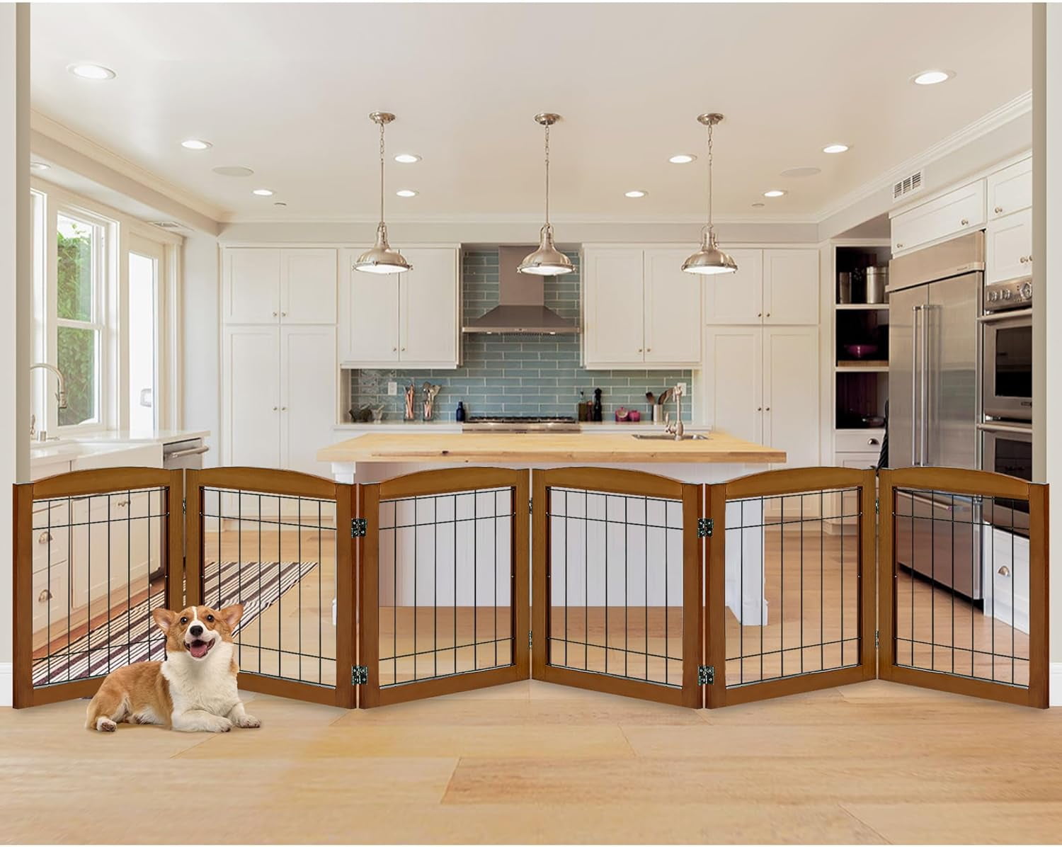 6-Panel Extra-Wide Wooden Freestanding Dog Gate: Foldable Solid Wood ...