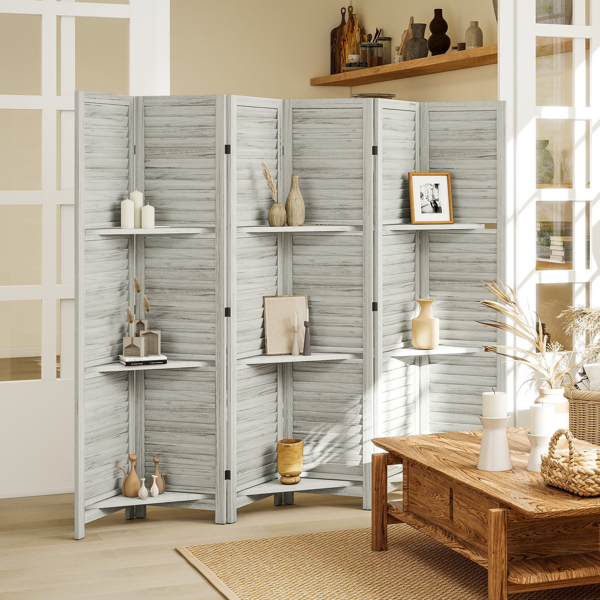 6-Panel Folding Room Divider with 3 Storage Shelves, Distressed White ...