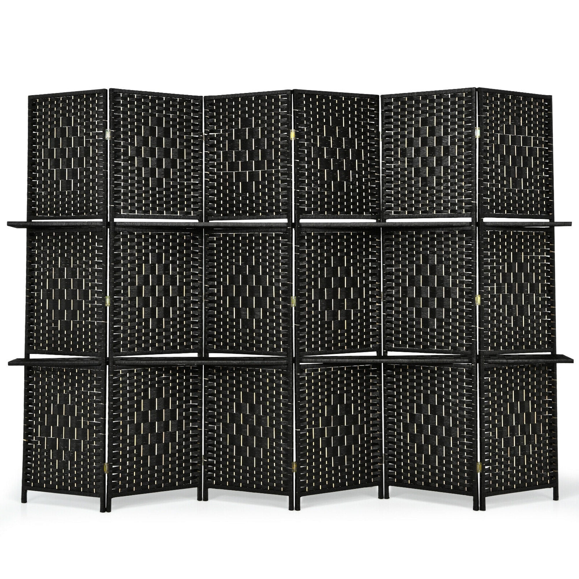 6 Panel Folding Room Divider 6Ft Weave Fiber Screen W/ Display Shelves ...
