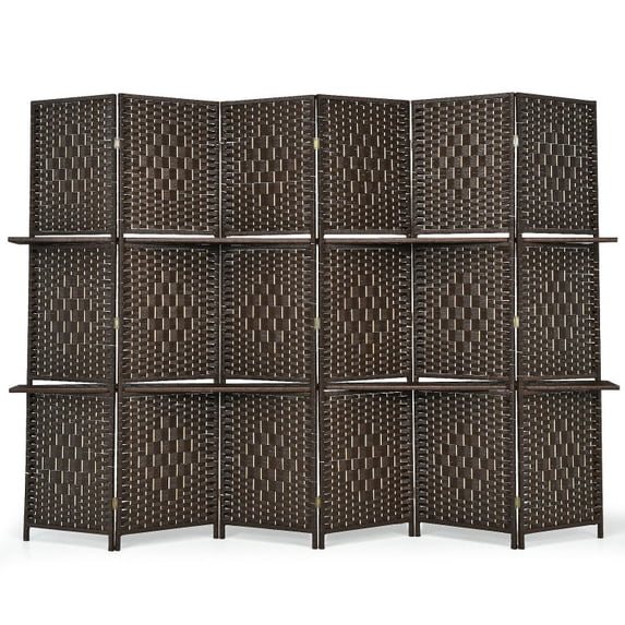 6 Panel Folding Weave Fiber Room Divider with 2 Display Shelves ...