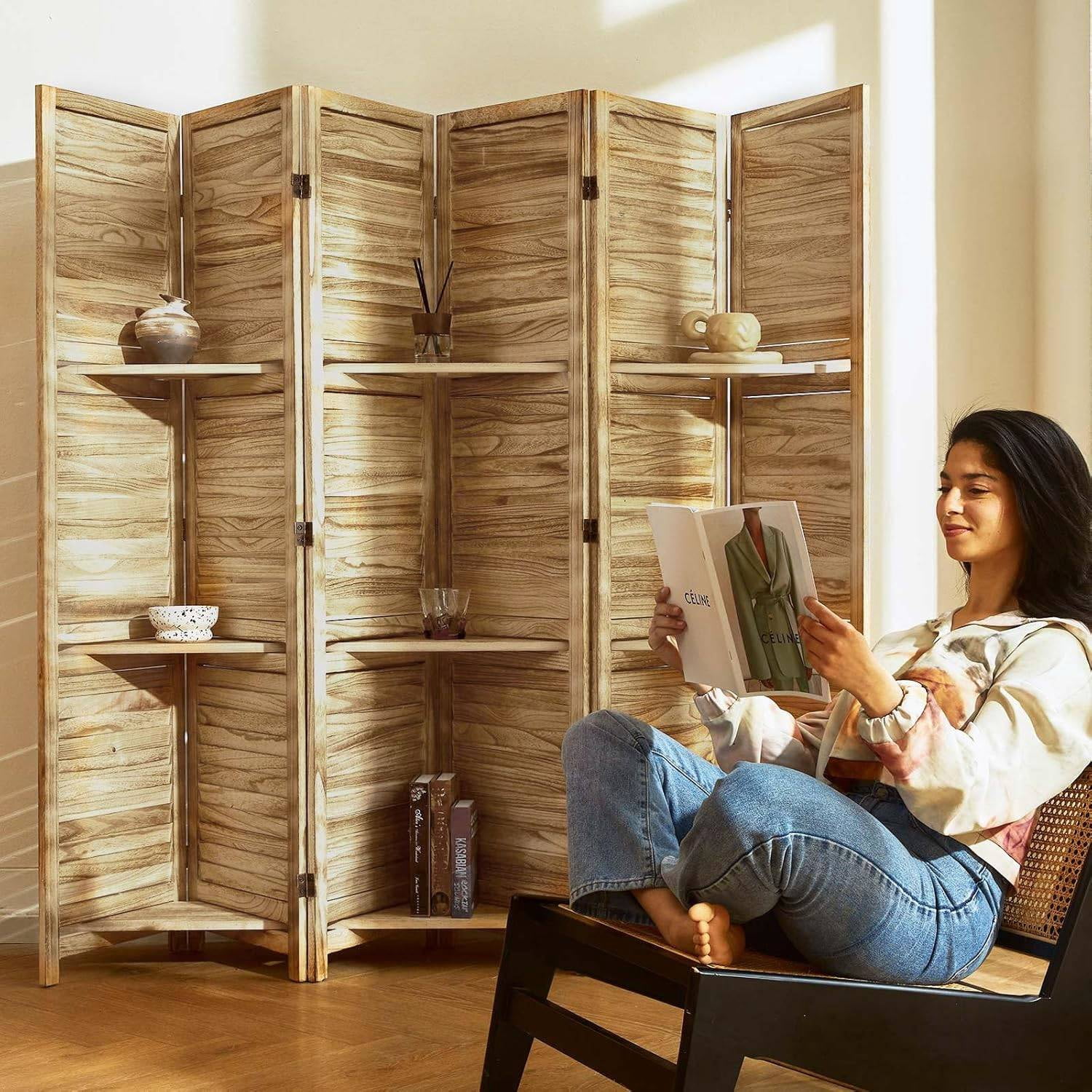 6-Panel Folding Wood Room Divider with 3 Shelves for Home Office, Study ...