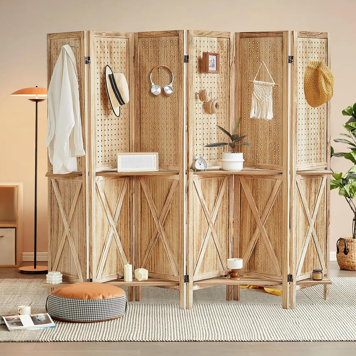 6 Panel Pegboard Display with 24 Hooks, Wooden Pegboard Room Divider ...