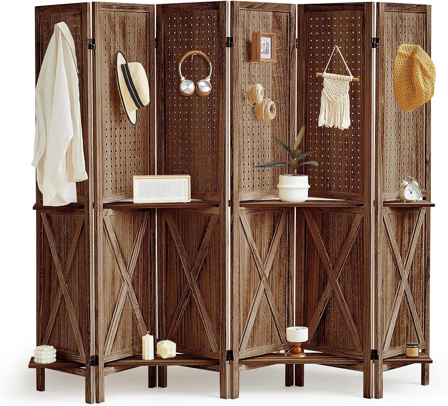 6 Panel Pegboard Display with Shelf, Wooden Pegboard Room Divider Wall ...