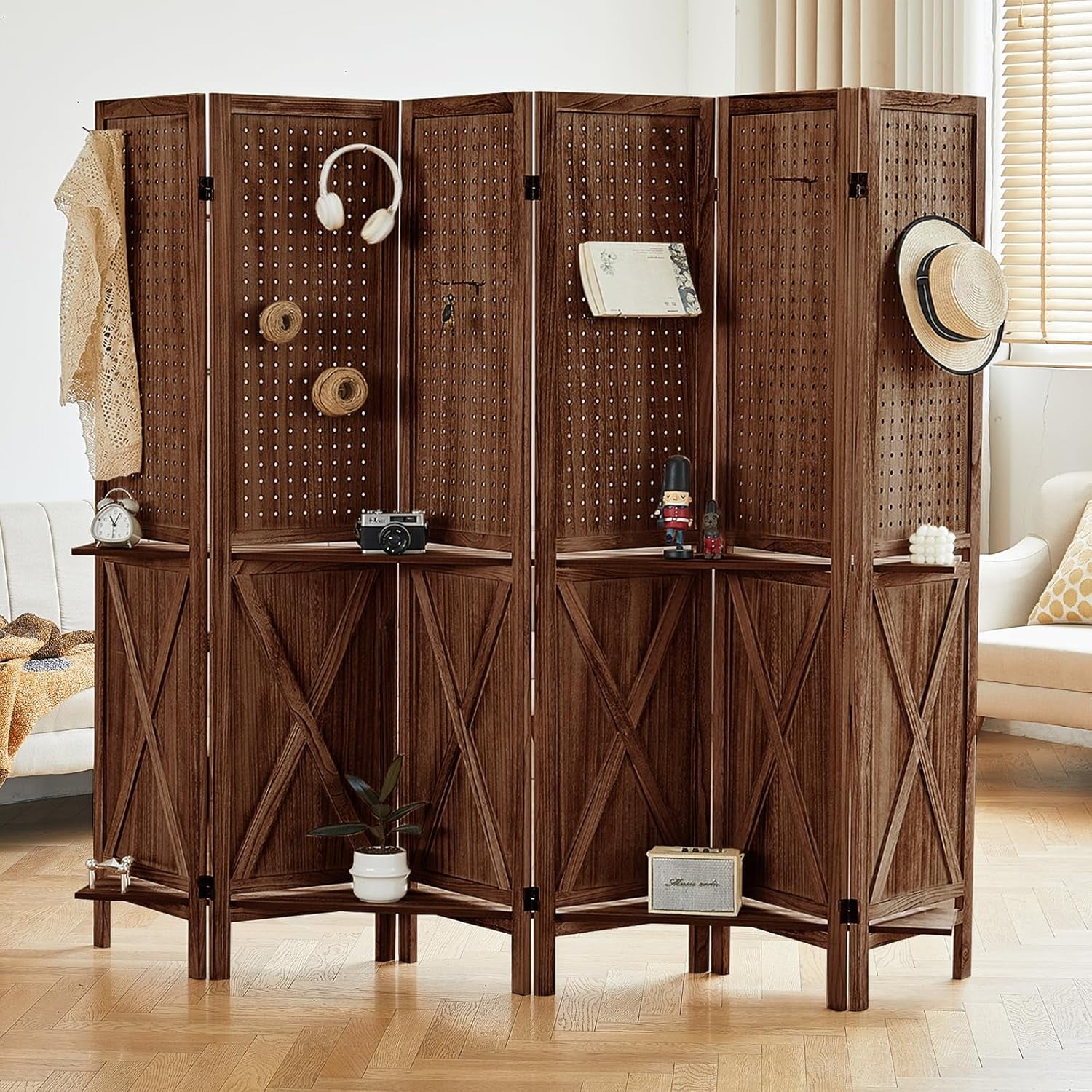 6 Panel Pegboard Room Divider with Shelves, Wood Room Divider and ...