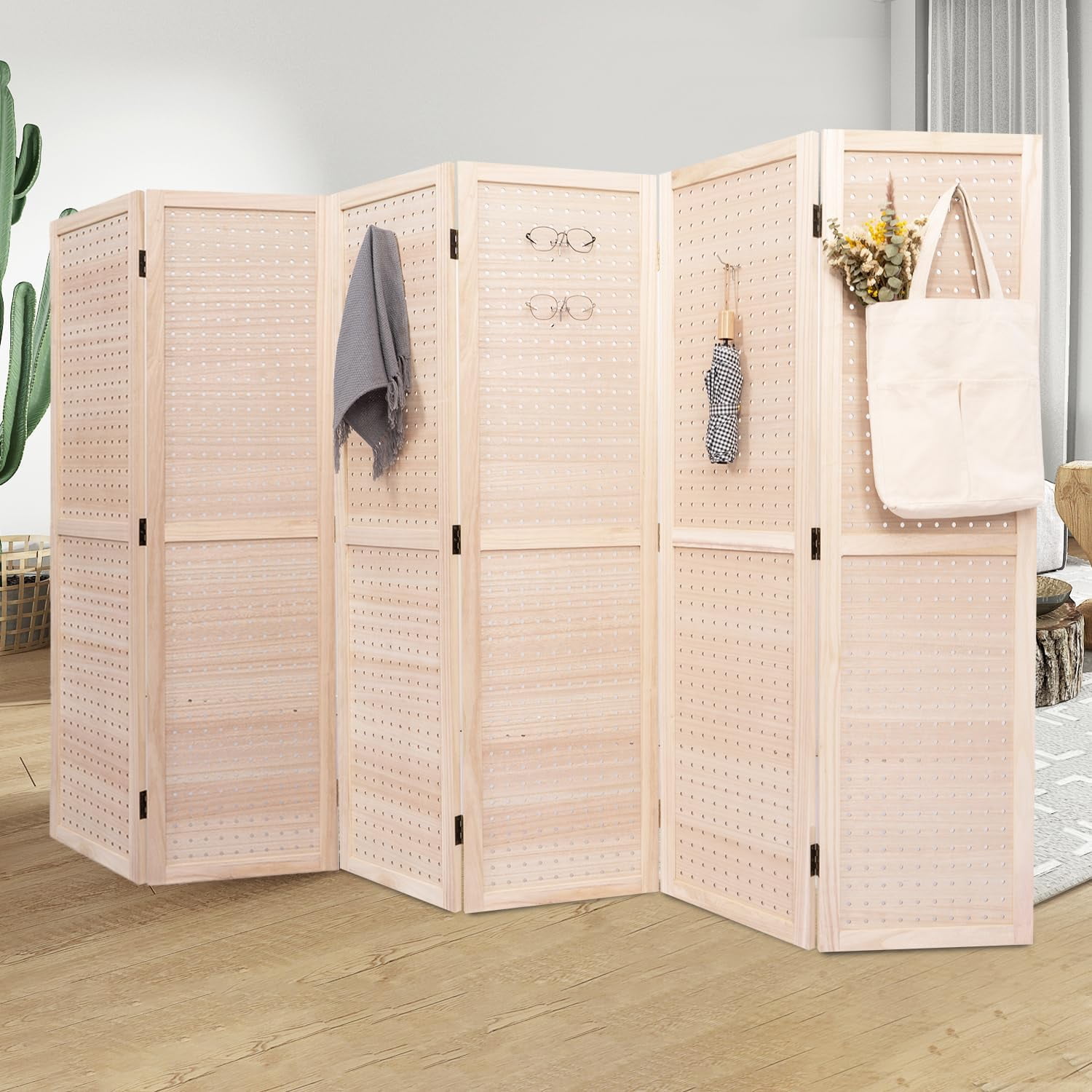 6 Panel Room Divider 5.6FT Pegboard Display Wood Folding Privacy Screen ...