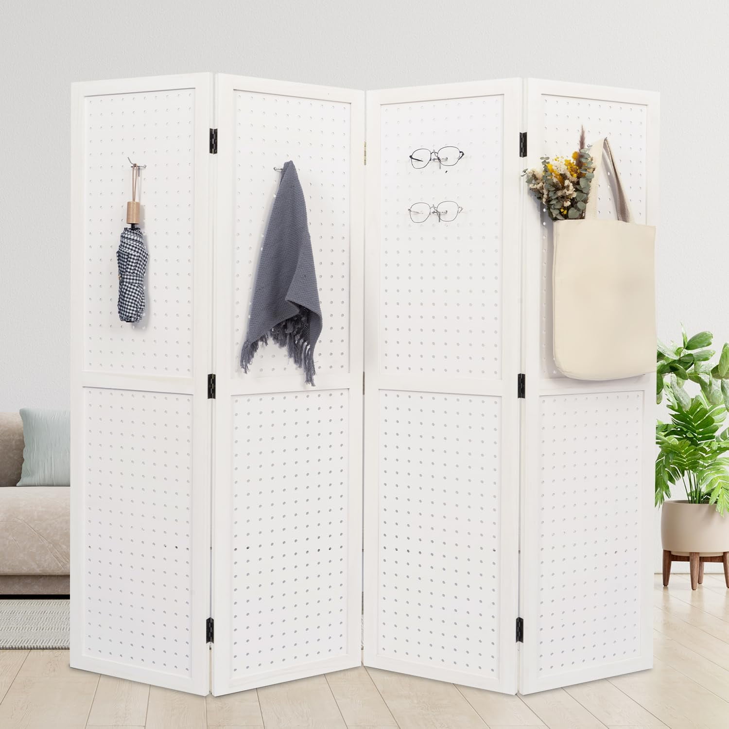 6 Panel Room Divider 5.6FT Pegboard Display Wood Folding Privacy Screen ...