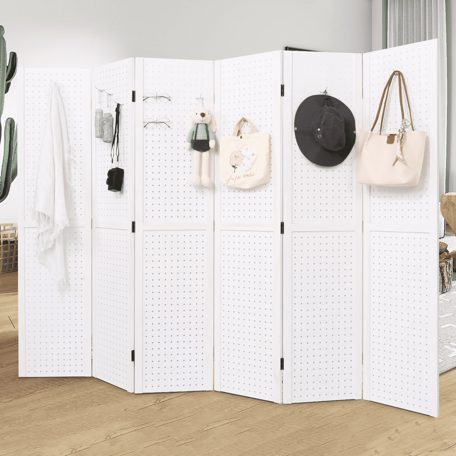 6 Panel Room Divider 5.6FT Pegboard Display Wood Folding Privacy Screen ...