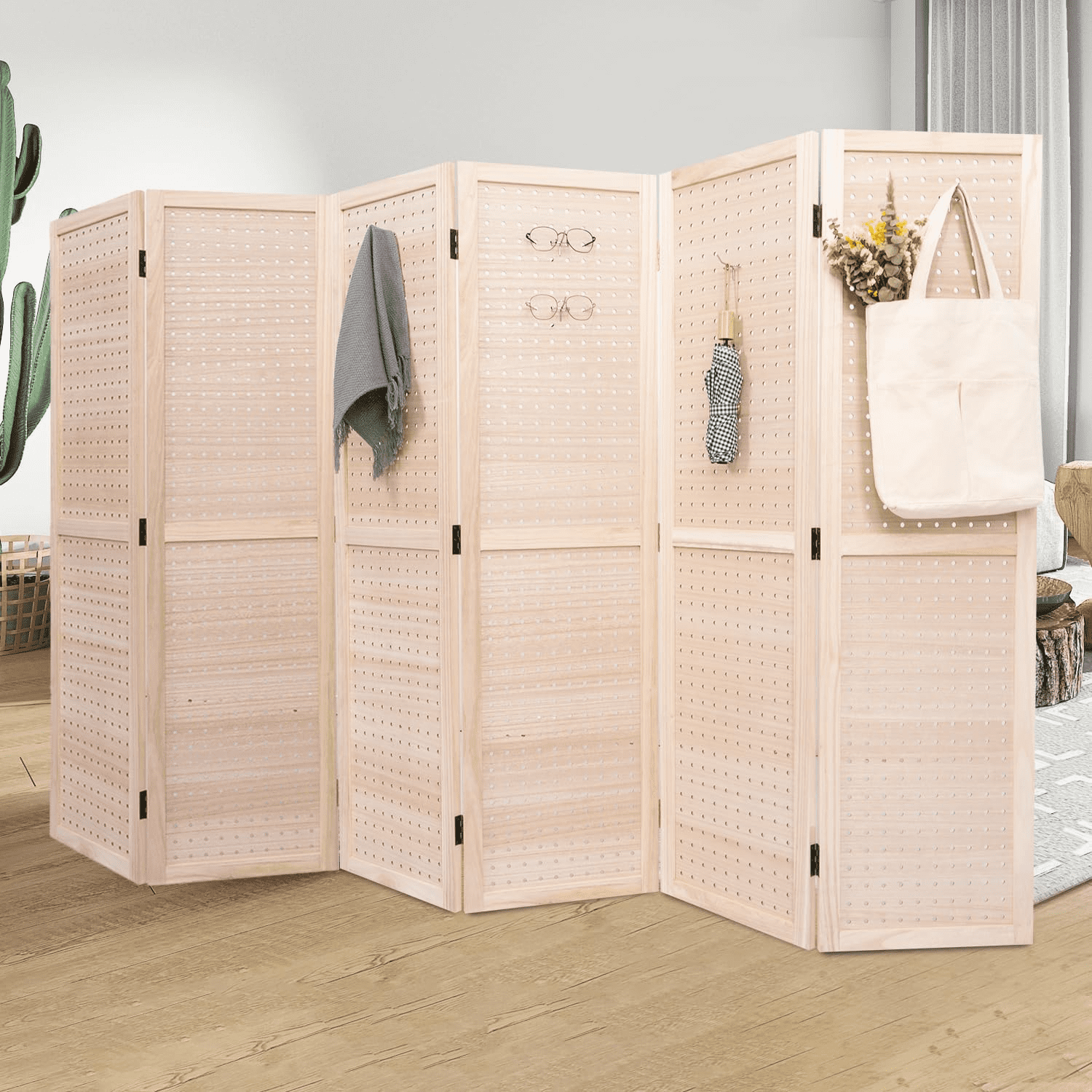 6 Panel Room Divider 5.6FT Pegboard Display Wood Folding Privacy Screen ...