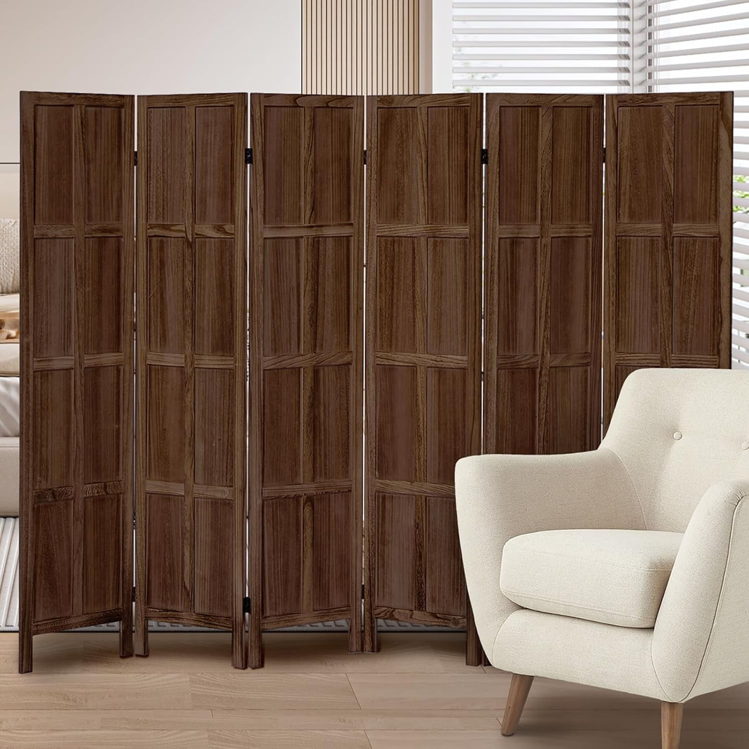 6 Panel Room Divider 5.6Ft Tung Wood Room Divider Vintage Minimalist ...