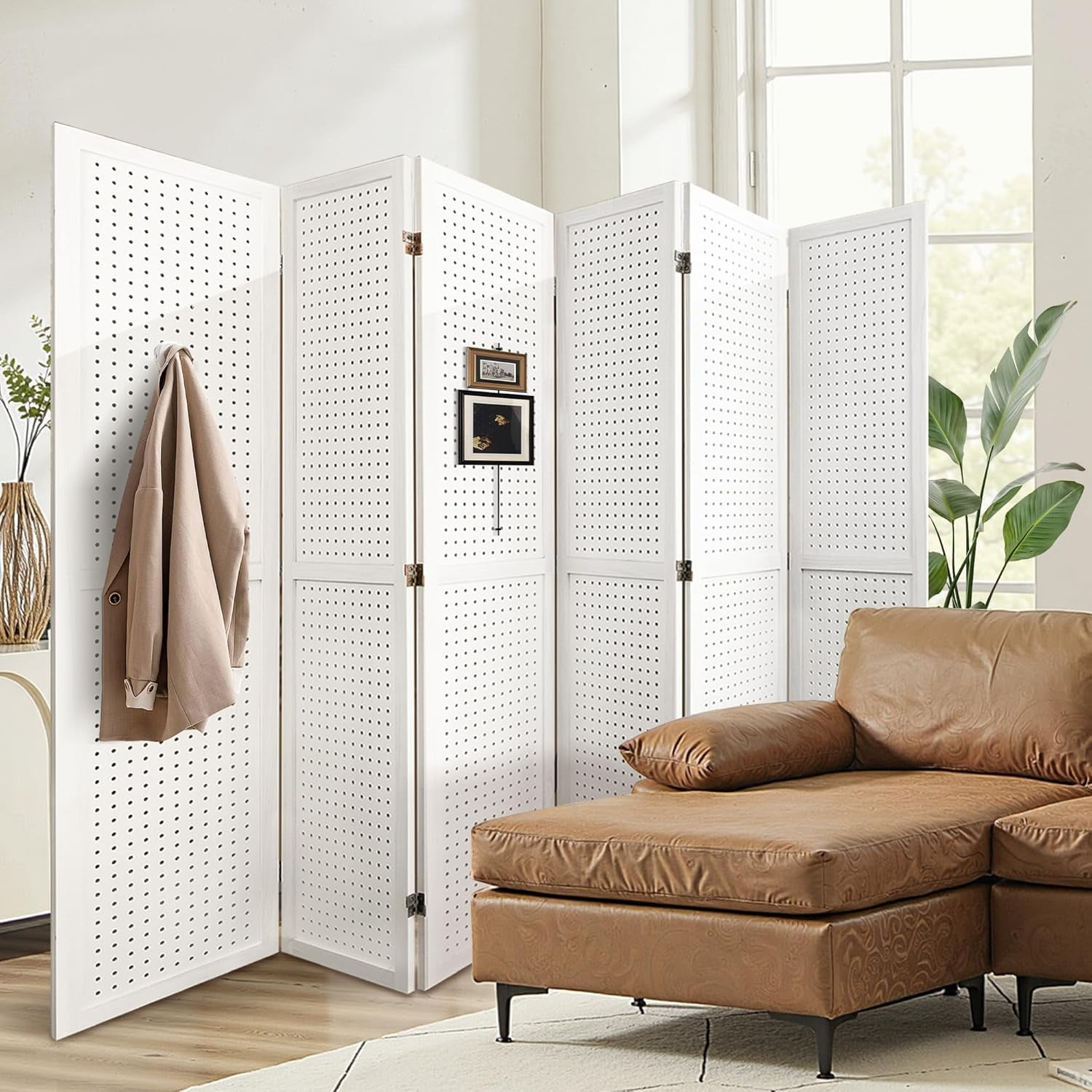 6 Panel Room Divider with Pegboard Display 5.6FT Wood PegBoard Room ...