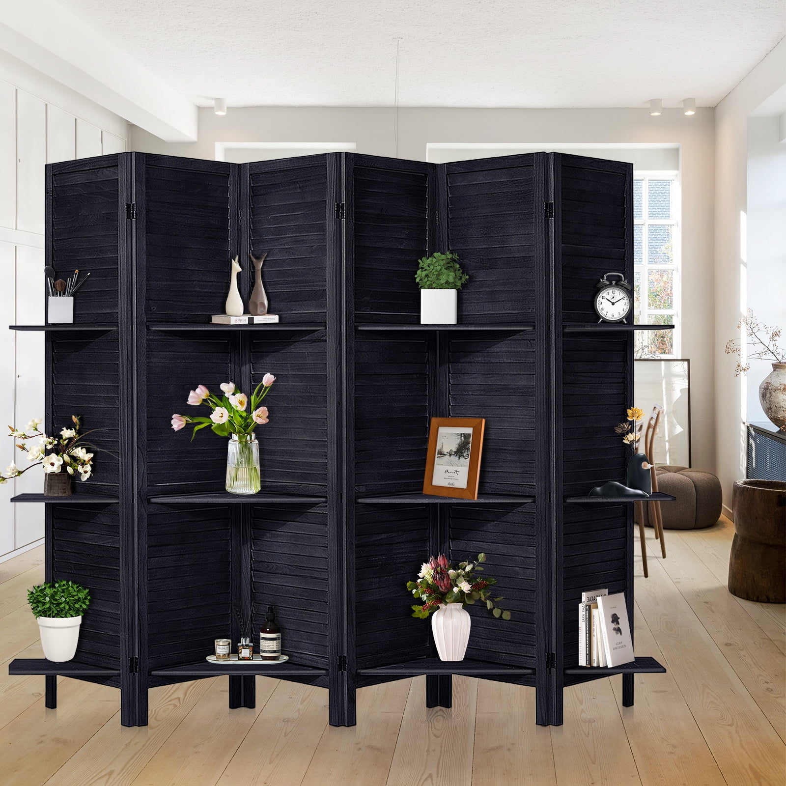 6-Panel Room Divider with Shelves,5.6ft Tall Folding Privacy Screen ...