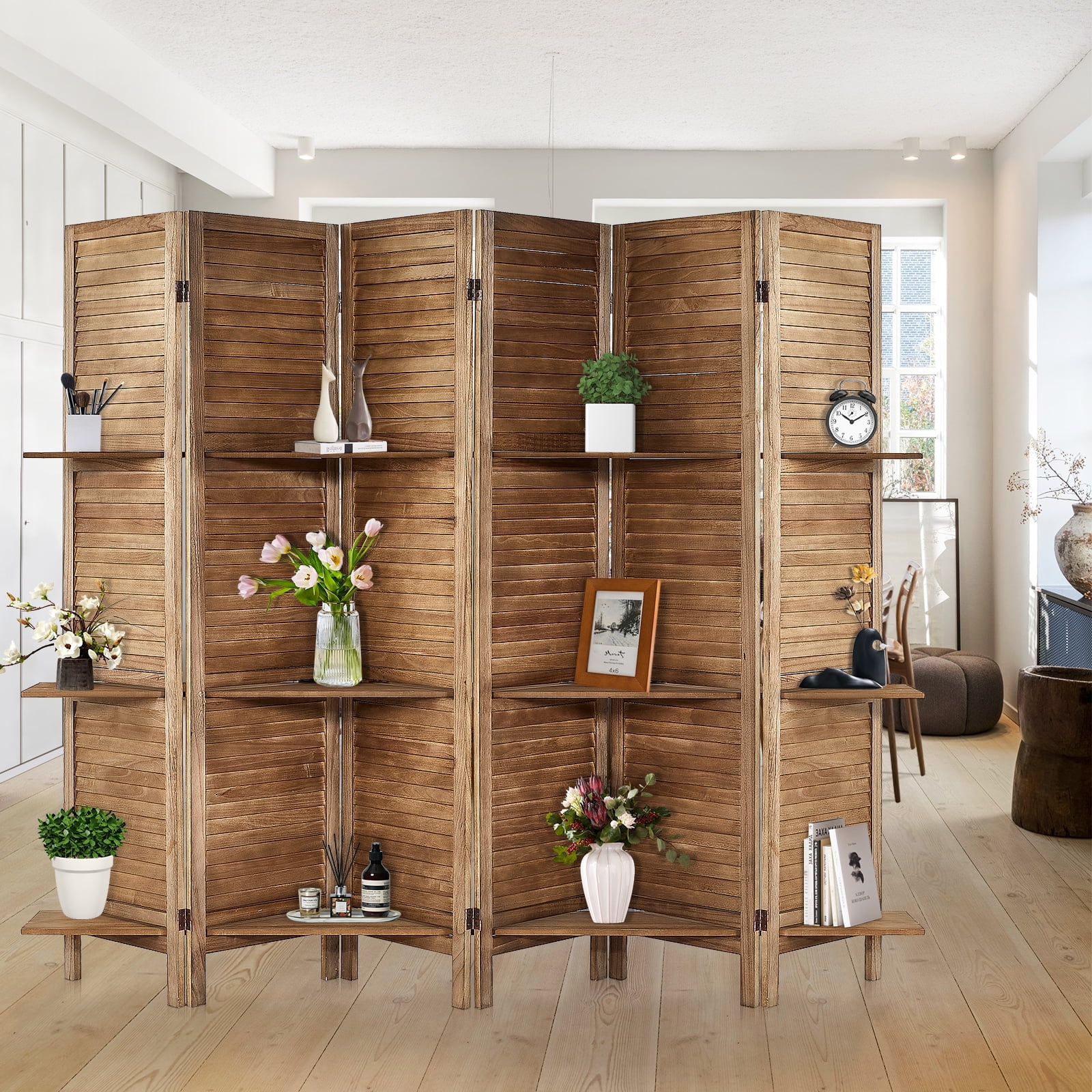 6-Panel Room Divider with Shelves,5.6ft Tall Folding Privacy Screen ...
