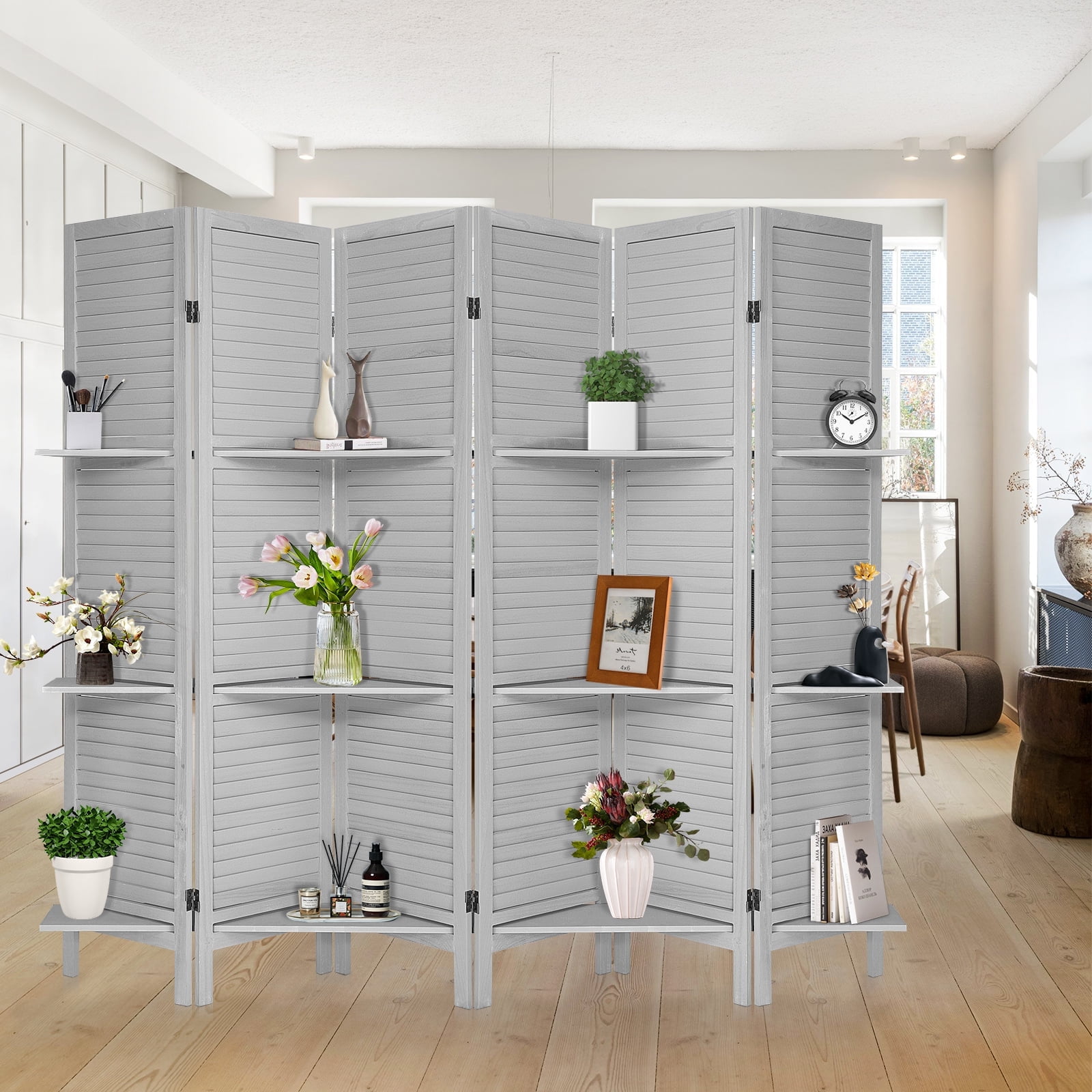 6-Panel Room Divider with Shelves,5.6ft Tall Folding Privacy Screen ...