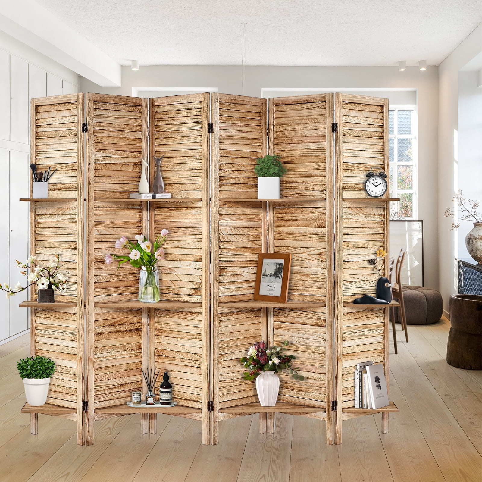 6-Panel Room Divider with Shelves,5.6ft Tall Folding Privacy Screen ...
