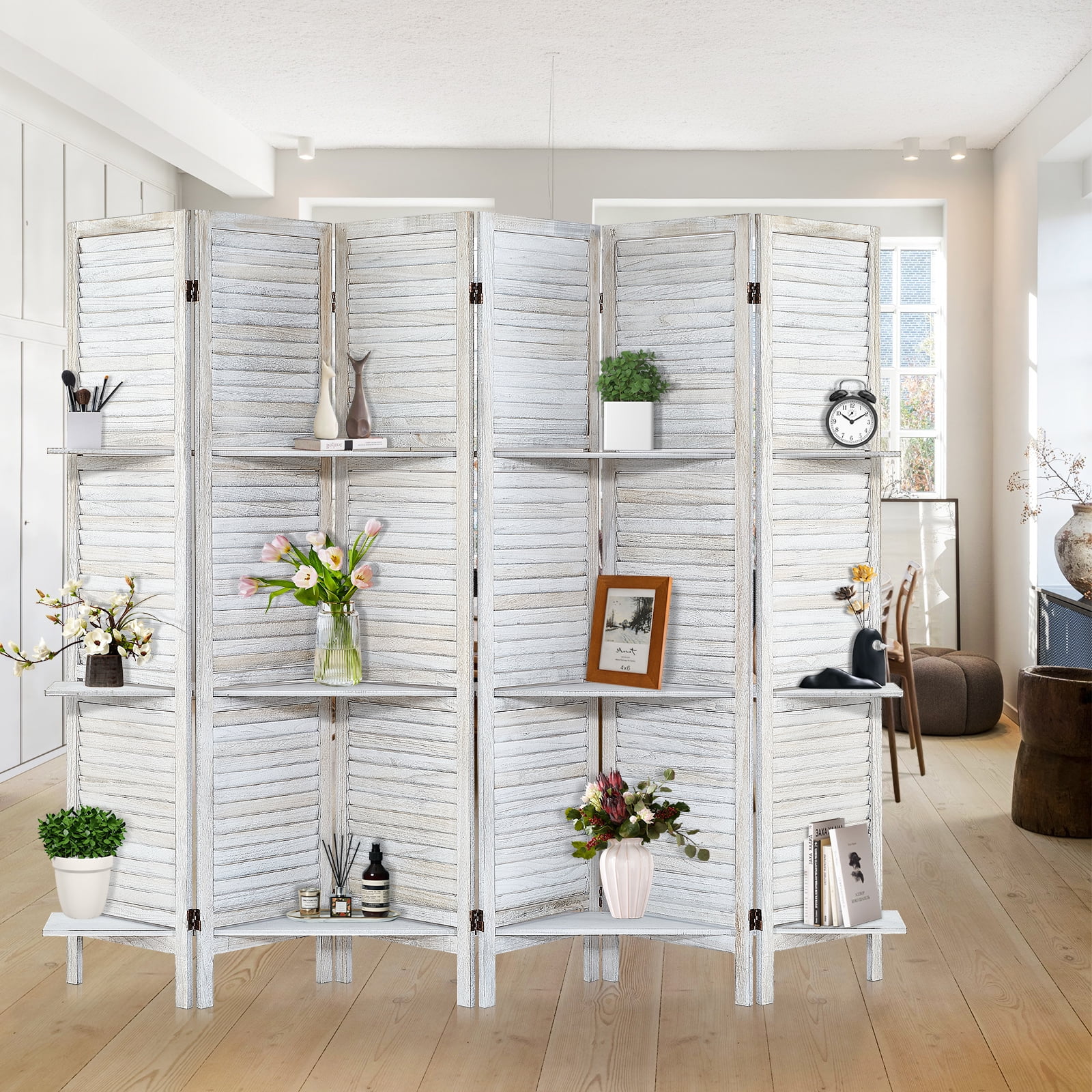 6-Panel Room Divider with Shelves,5.6ft Tall Folding Privacy Screen ...