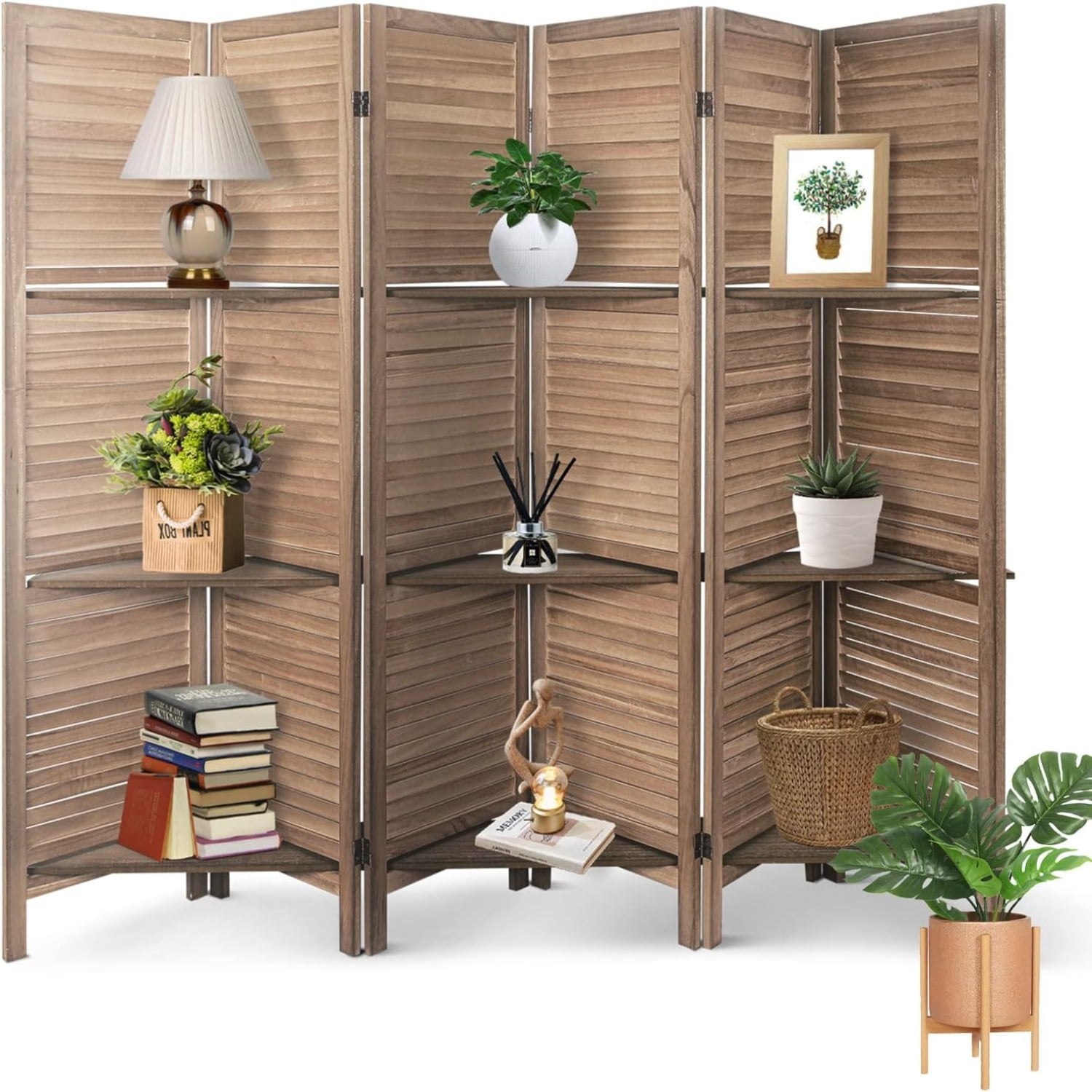 6 Panel Room Divider Wood Room Divider with Shelves 5.6Ft Portable Room ...