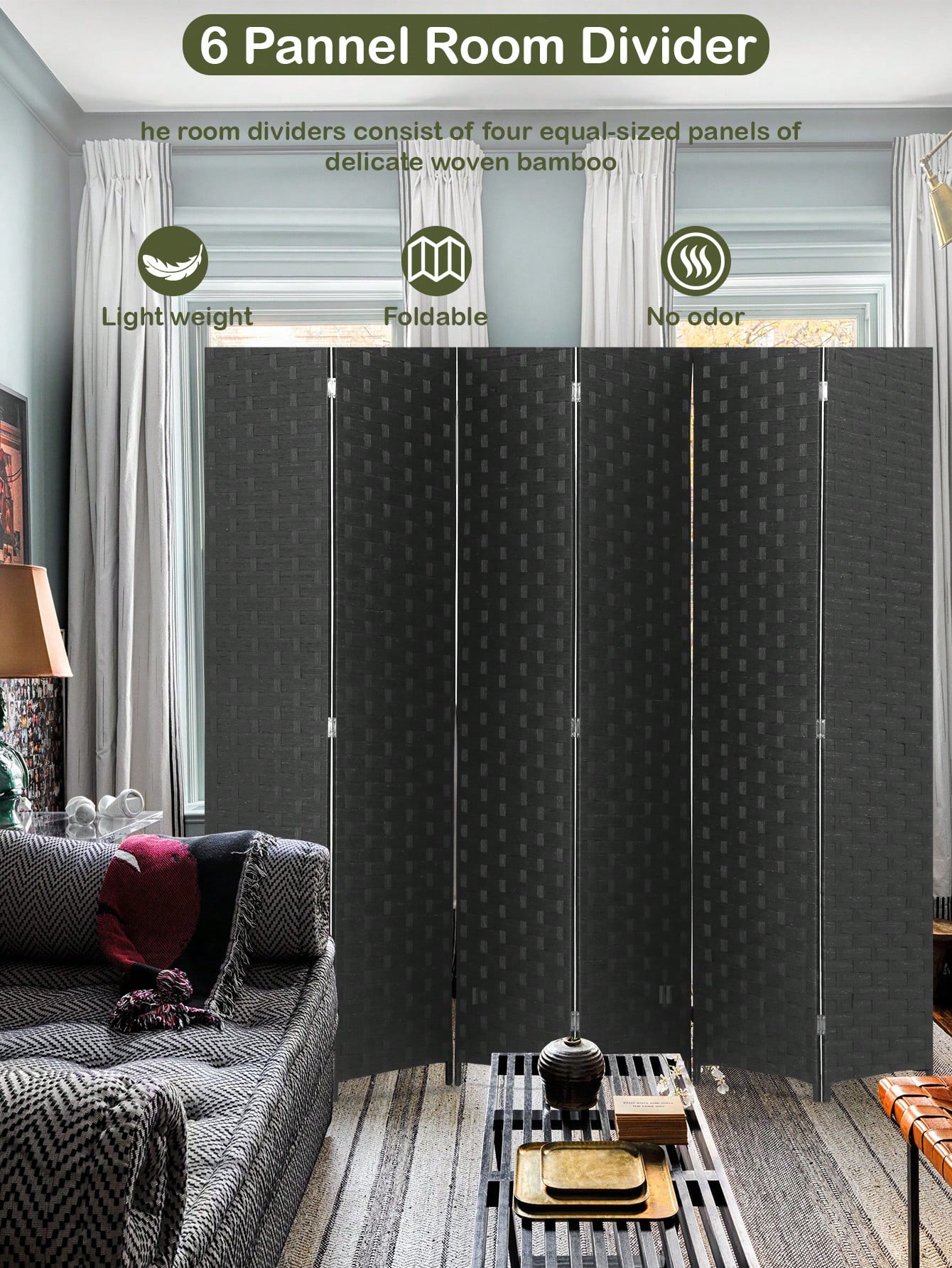 "6-Panel Wood Room Divider - Folding Partition Screen with Woven Mesh ...