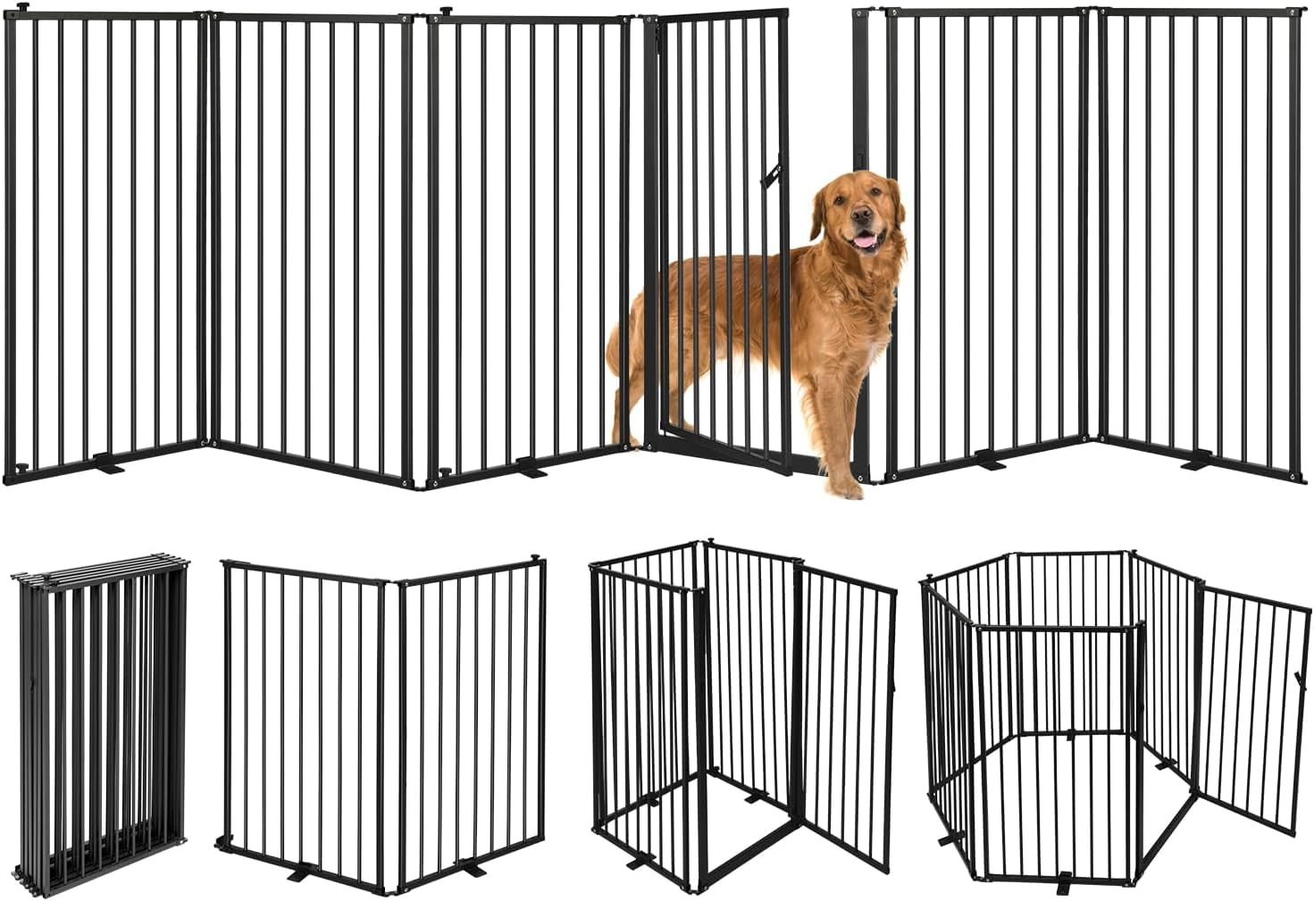 6 Panels Metal Freestanding Dog Gates with Door,120''W Detachable ...
