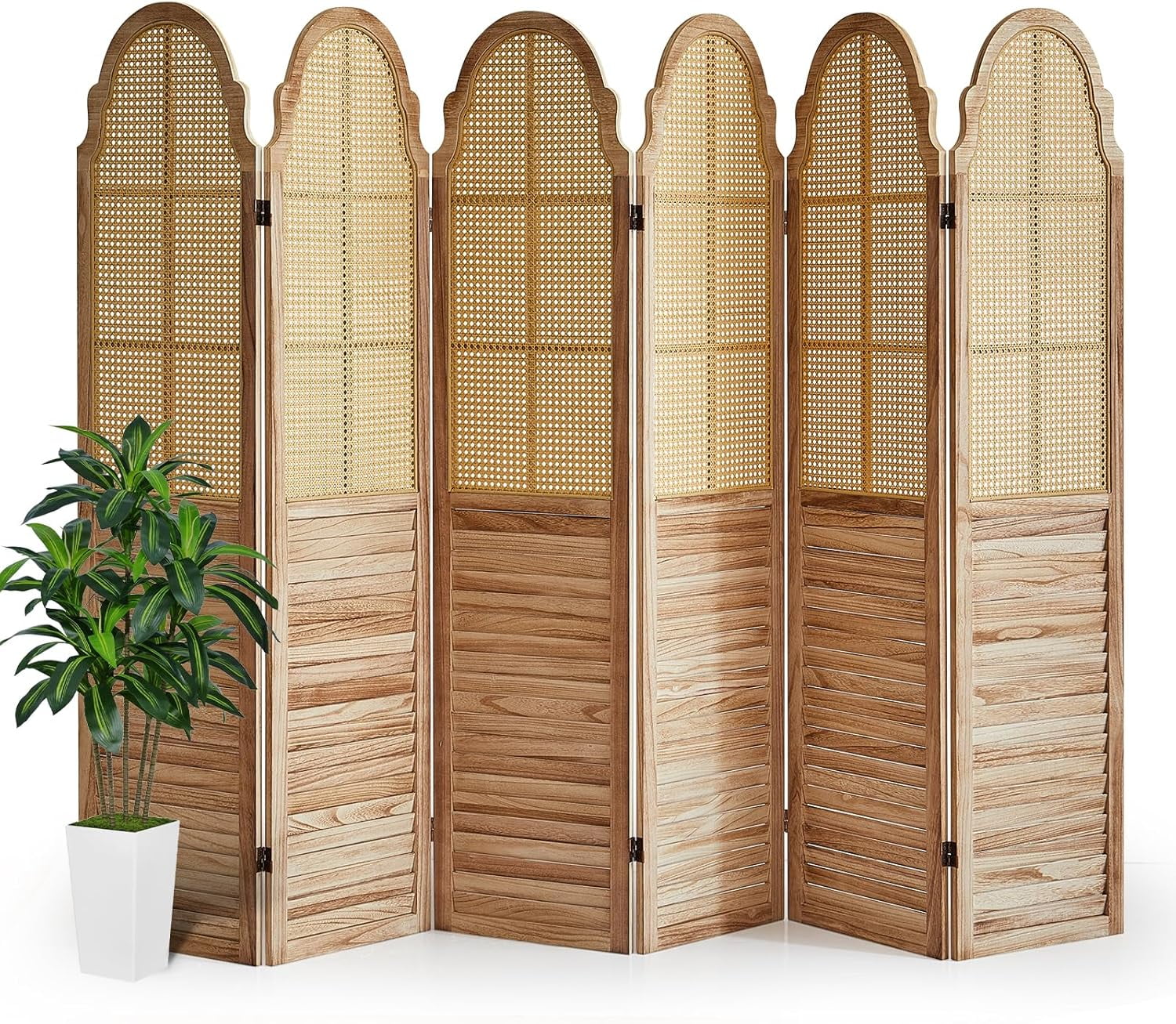 6 Panels Room Divider, Rustic Rattan Room Divider, Wood Folding Privacy ...