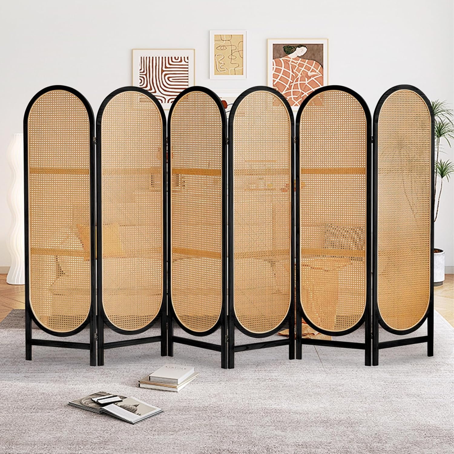 6 Panels Room Dividers and Folding Privacy Screens, Hand-Woven Rattan ...