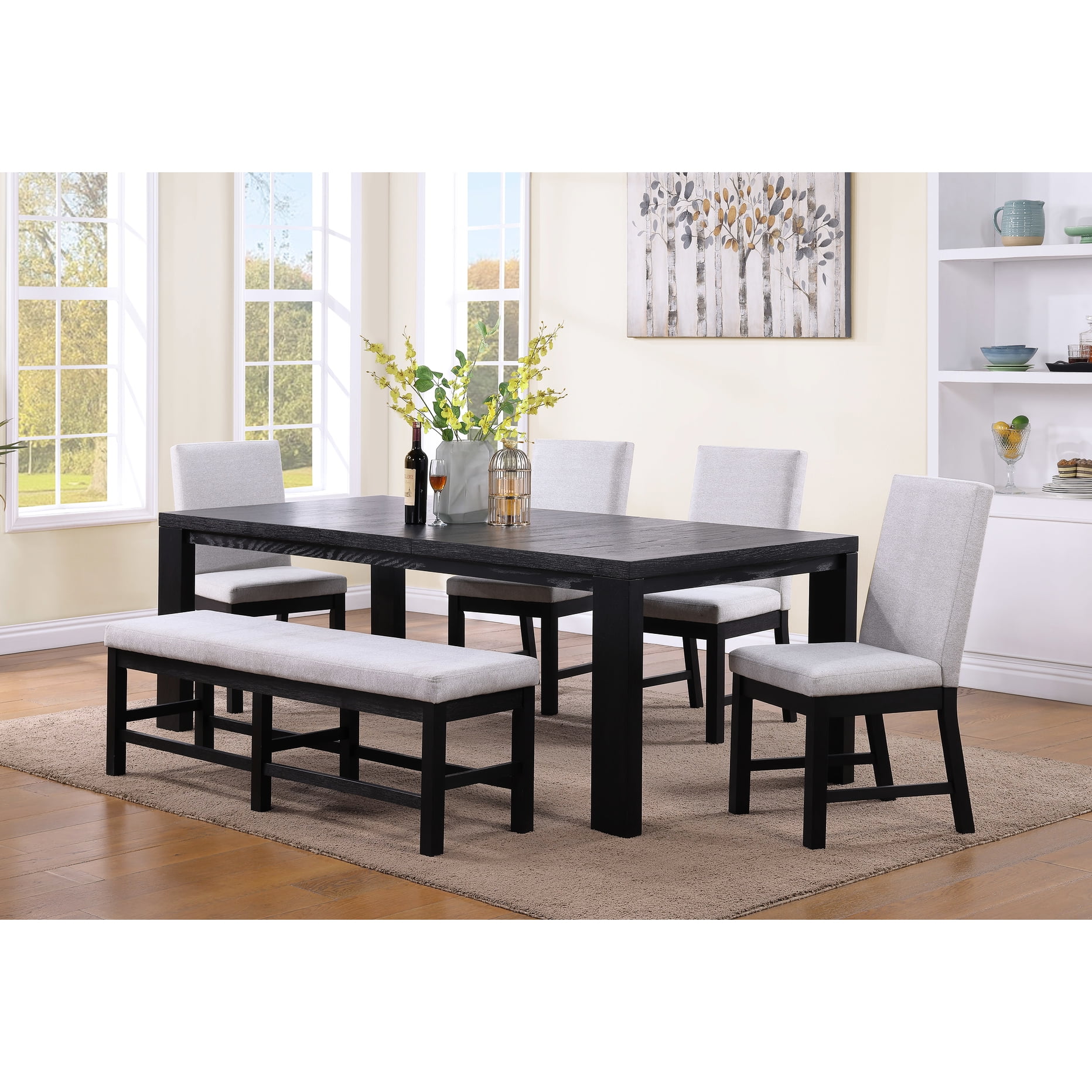 6 Pc Contemporary Dining : 18" Leaf Extendable Table, Chairs & Bench In ...