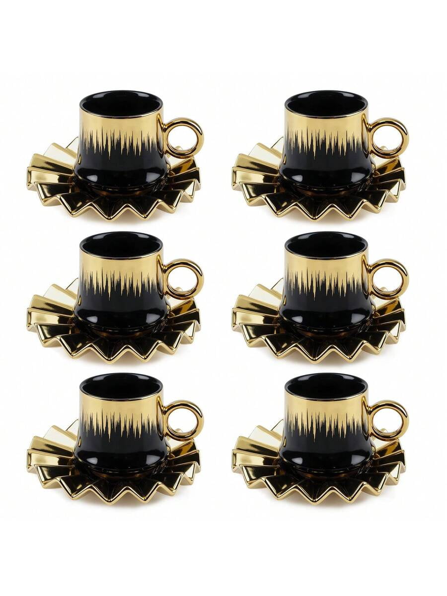 6-Pc Embossed Coffee Cup Set - Ceramic Espresso Cups & Saucers W ...