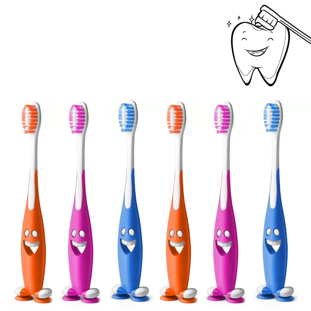 6 Pc Happy Face Toothbrush Kids Soft Bristles Suction Cup Stand Toddler ...