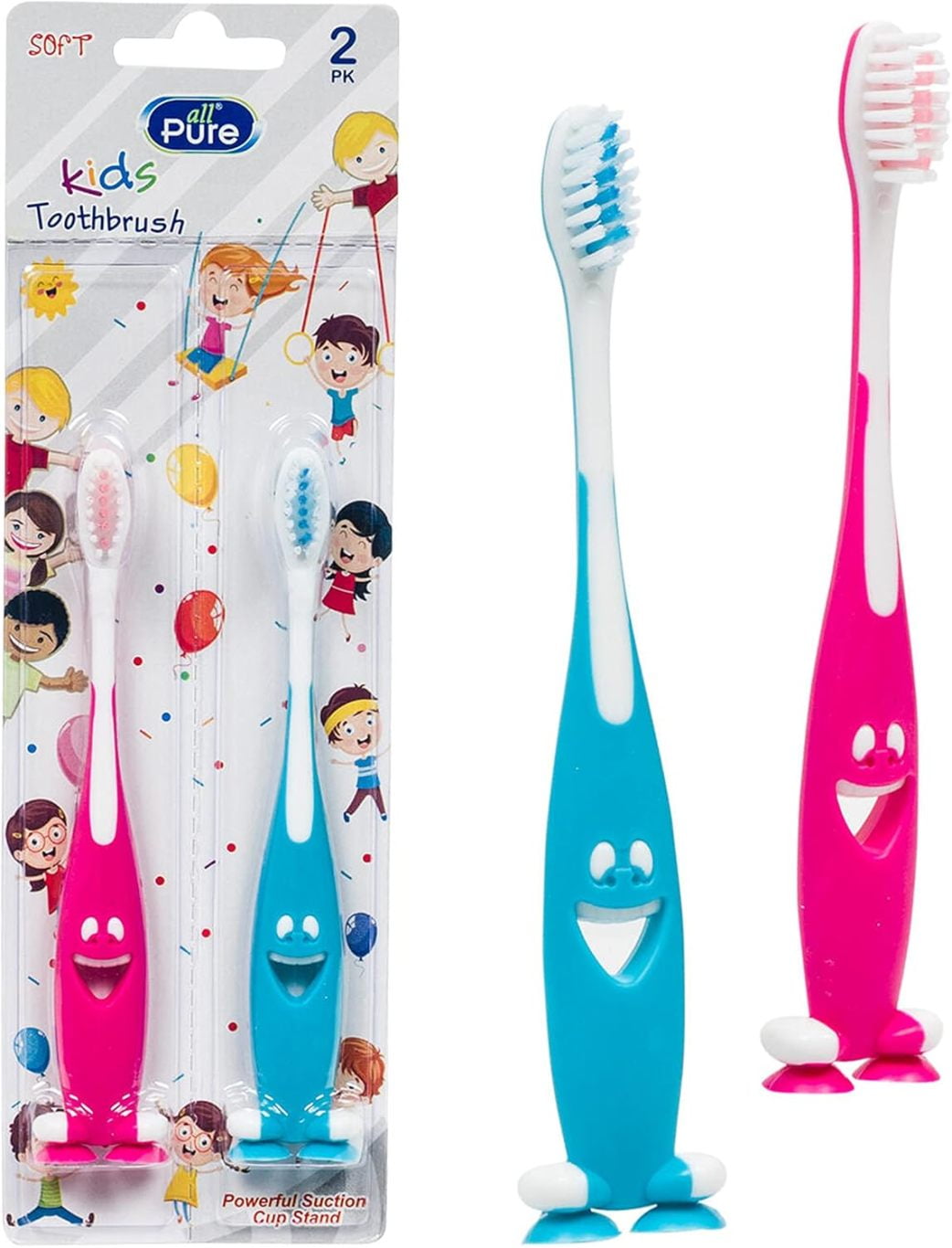 6 Pc Happy Face Toothbrush Kids Soft Bristles Suction Cup Stand Toddler ...
