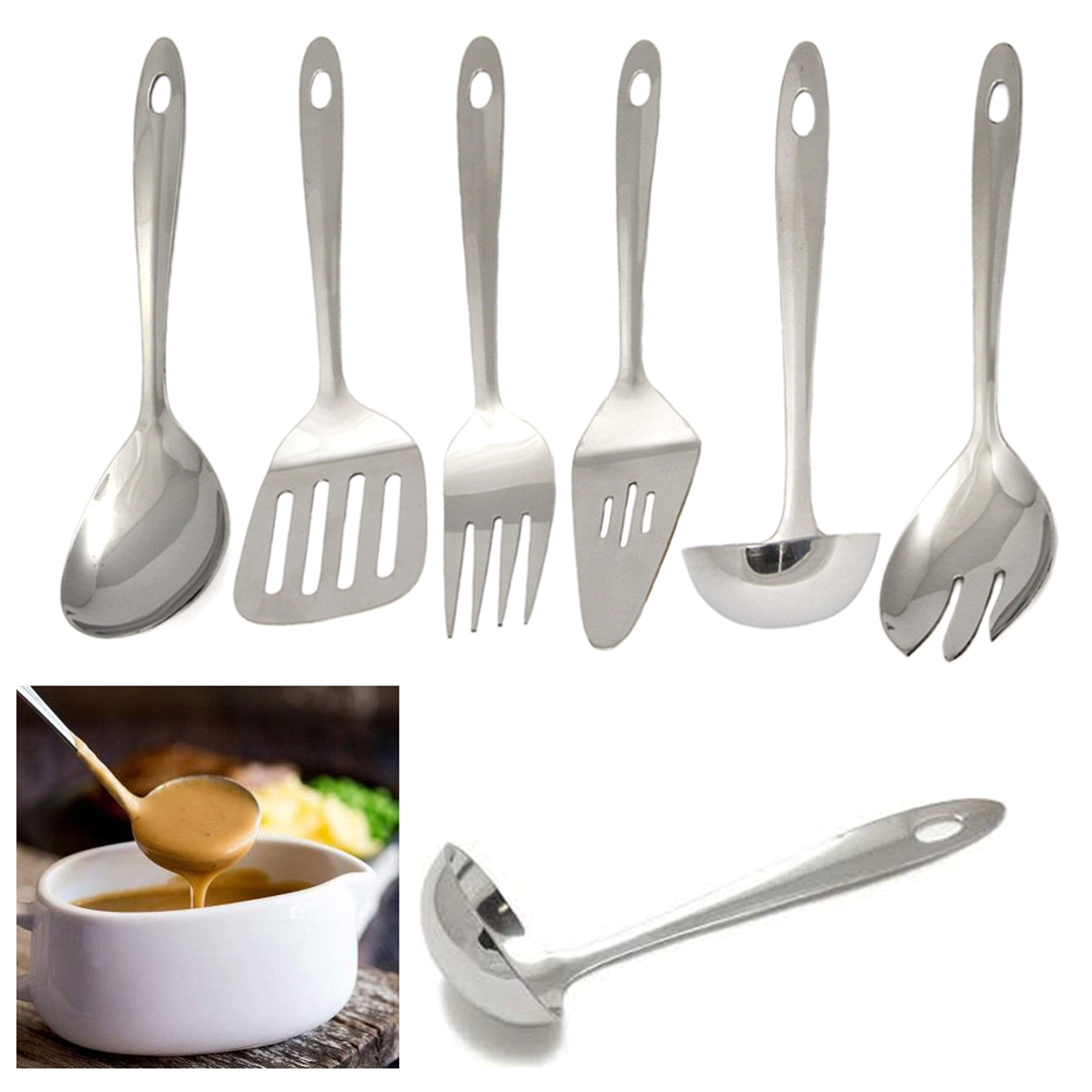 6 Pc Stainless Steel Cooking Serving Utensil Kitchen Server Tools ...