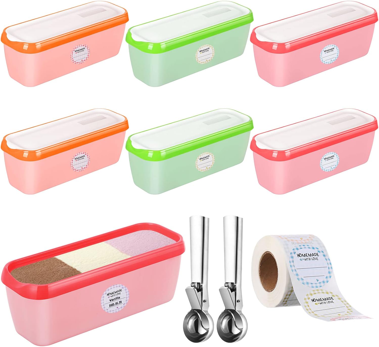 6 Pcs 1.59 Quart Ice Cream Containers with 2 Serving Scoop 1 Roll ...
