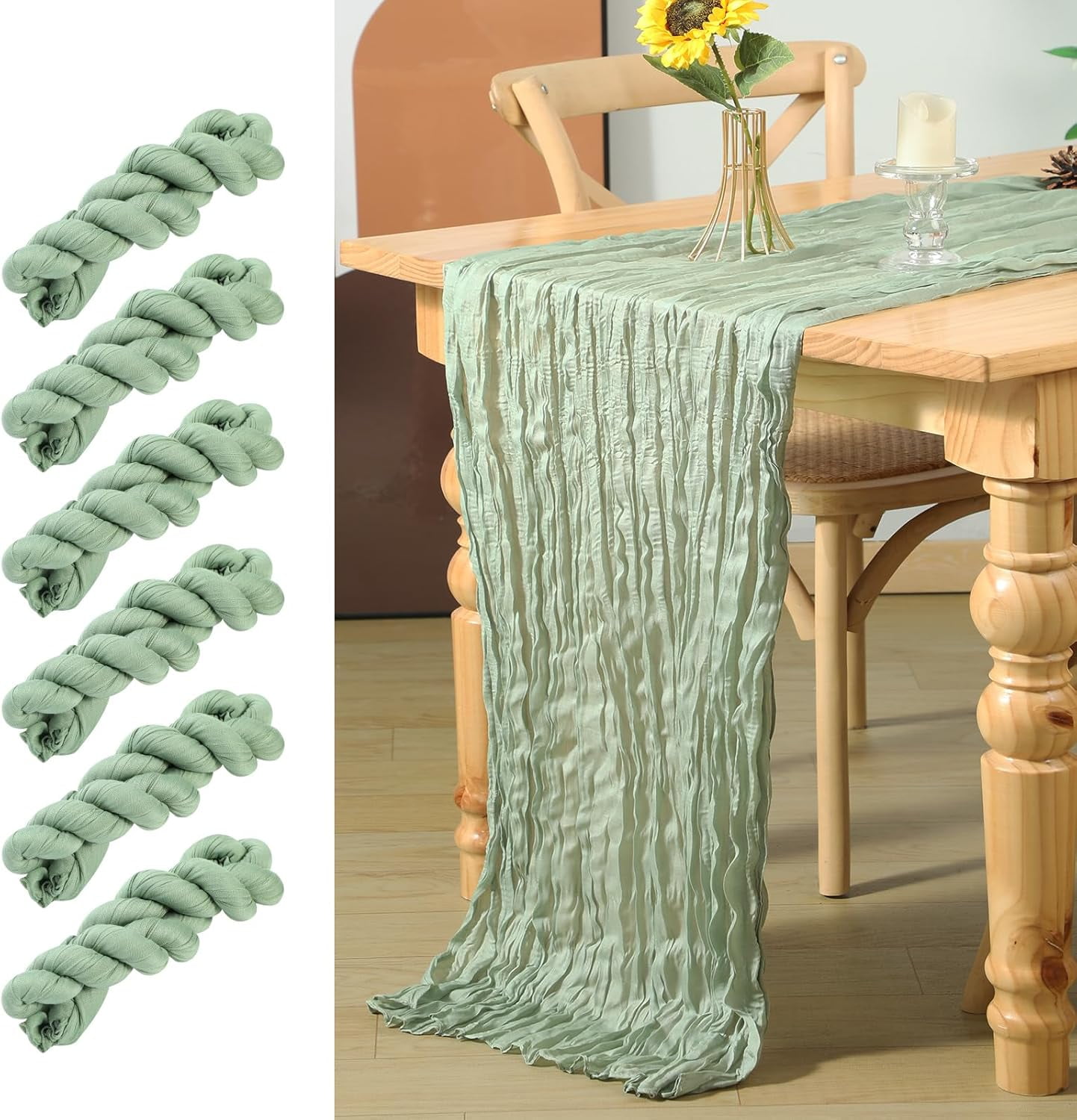 6 Pcs 10 FT Sage Green Cheesecloth Table Runner, 120 Inch Boho Cheese ...
