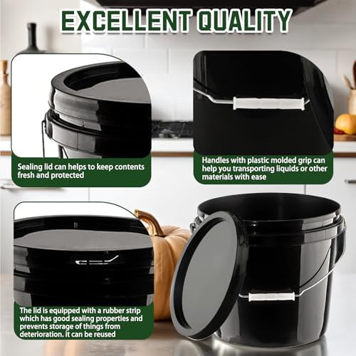 6 Pcs 2 Gallon Black Bucket with Lid and Handle, Large Plastic Storage ...