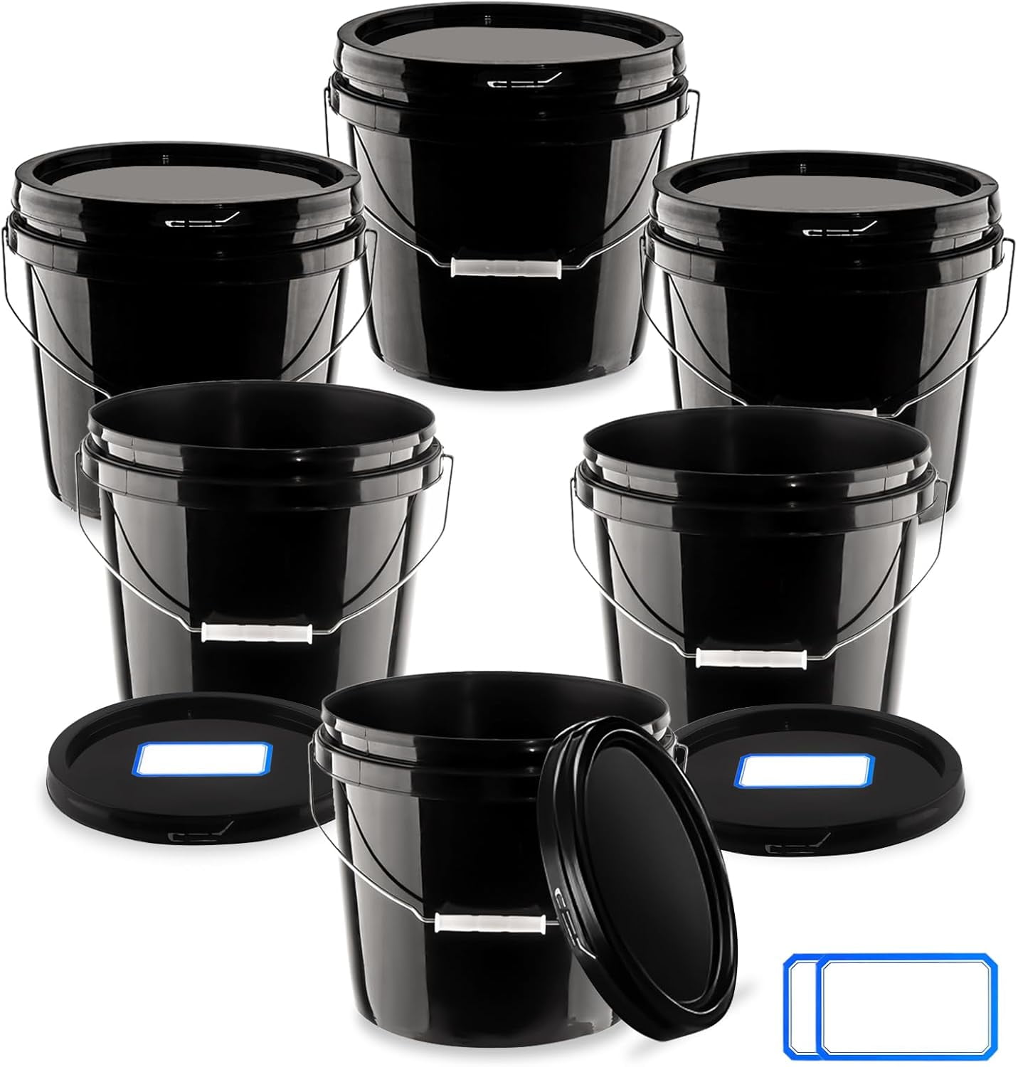 6 Pcs 2 Gallon Black Bucket with Lid and Handle, Large Plastic Storage ...