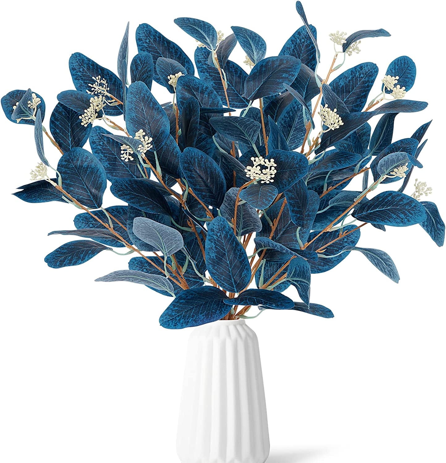 6 Pcs 20” Artificial Eucalyptus Leaves Stems, Royal Blue Silk ...