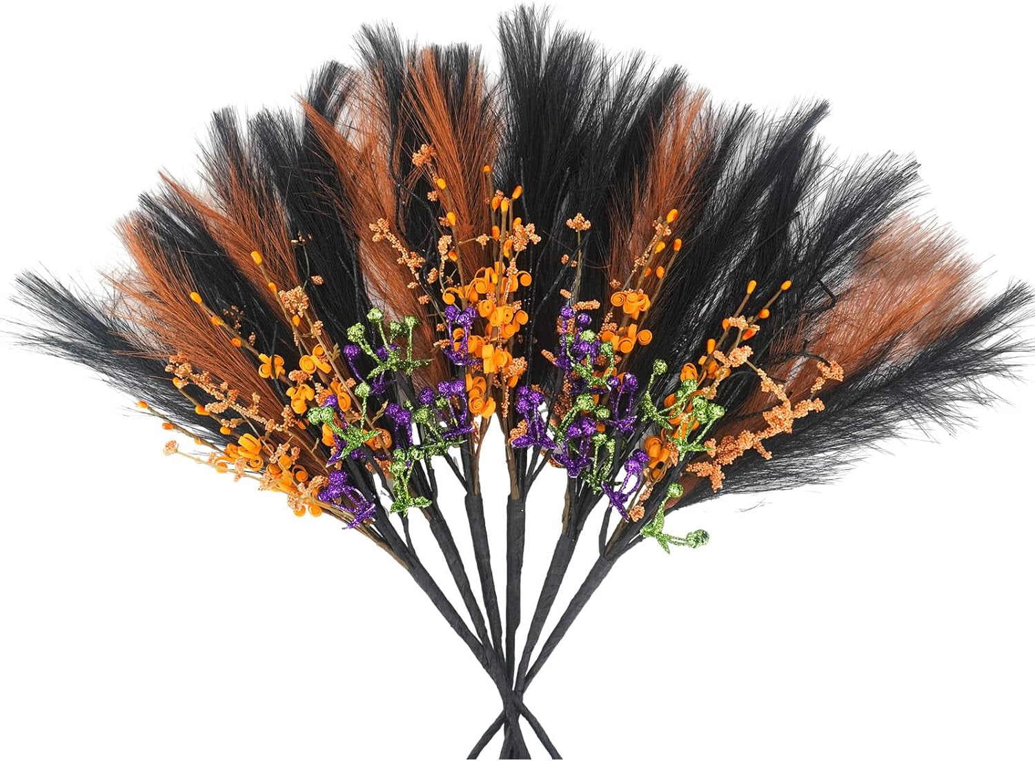 6 Pcs 20inch Artificial Black Orange Pampas Grass Stems Halloween ...