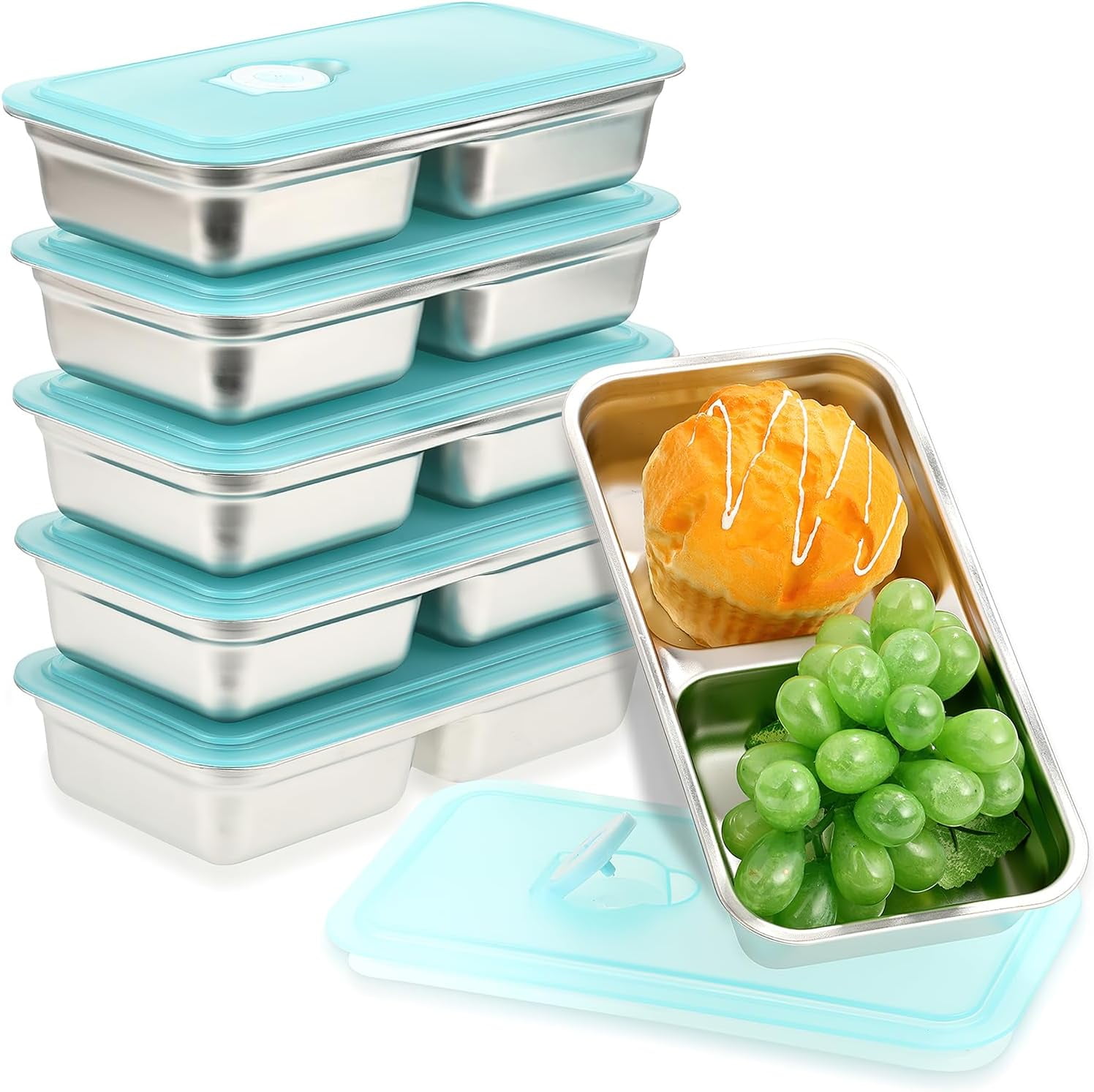 6 Pcs 304 Stainless Steel Bento Boxes, 30 oz 2 Compartments Food ...