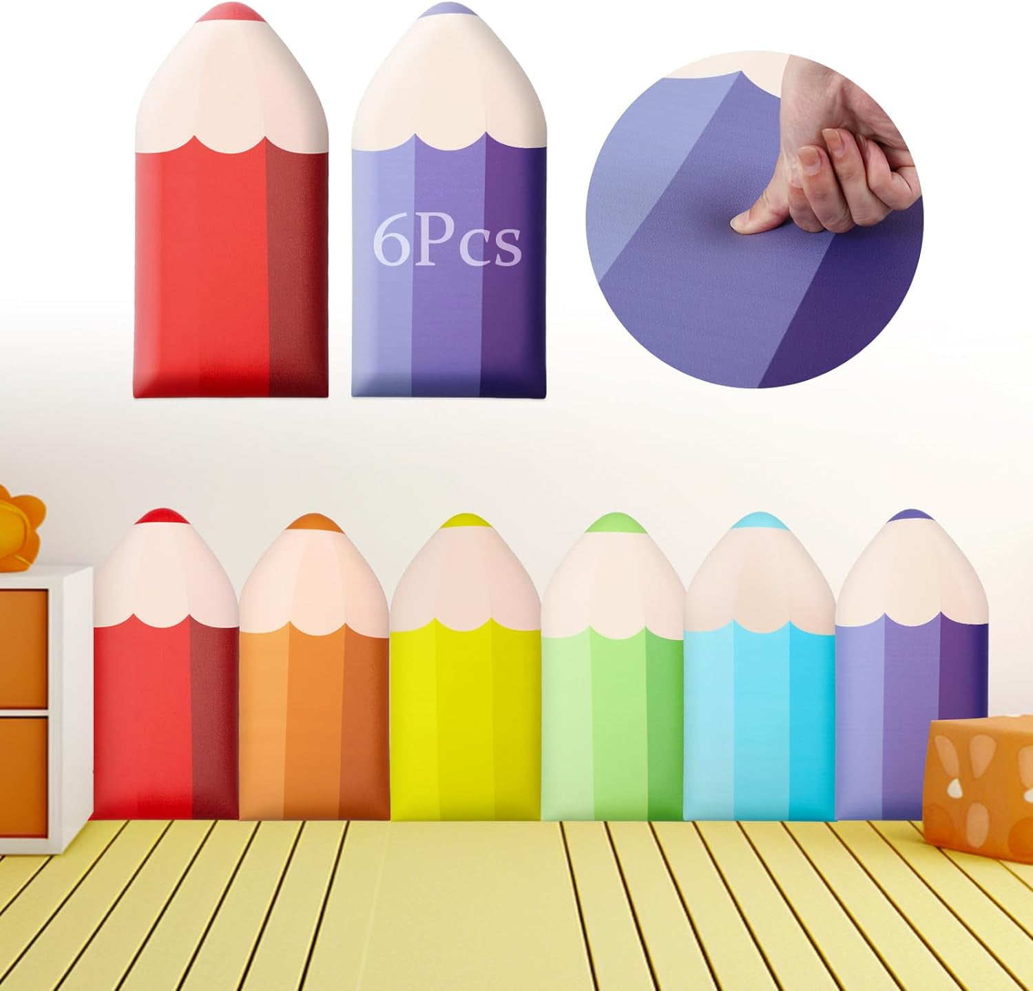 6 Pcs 3D Anti Collision Pencil Shape Wall Padding for Kids 23.6 x 11.8 ...