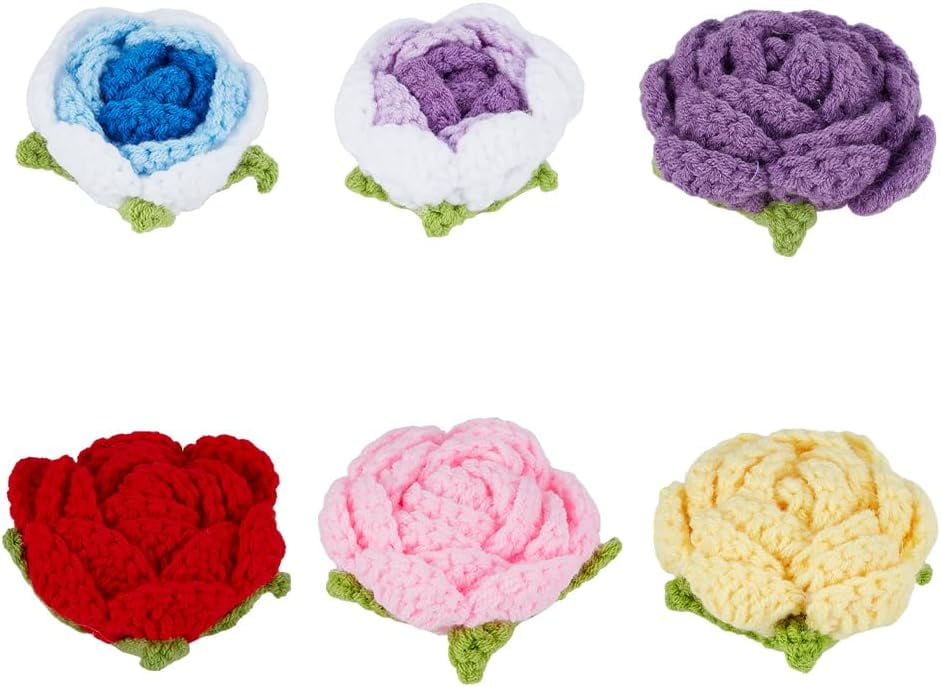 6 Pcs 3D Rose Crochet Flower 6 Colors Crochet Flowers Applique Handmade ...