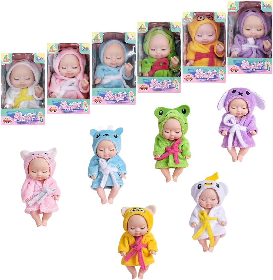 6 Pcs 4 Inch Mini Baby Doll Playset with Cute Animal Pyjamas Include 6 ...