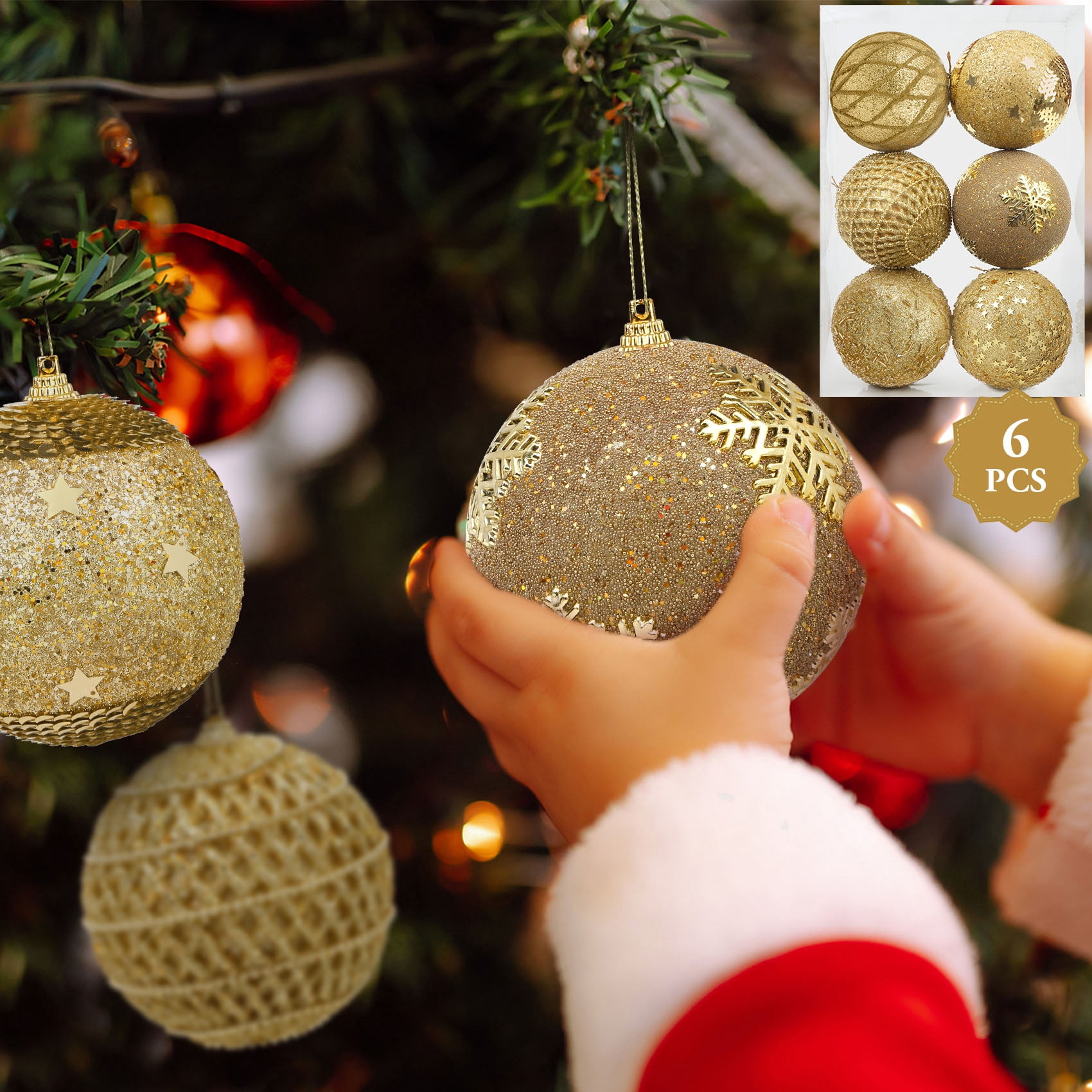 6 Pcs 4 inch Large Gold Christmas Ornaments, Christmas Tree Ornaments ...