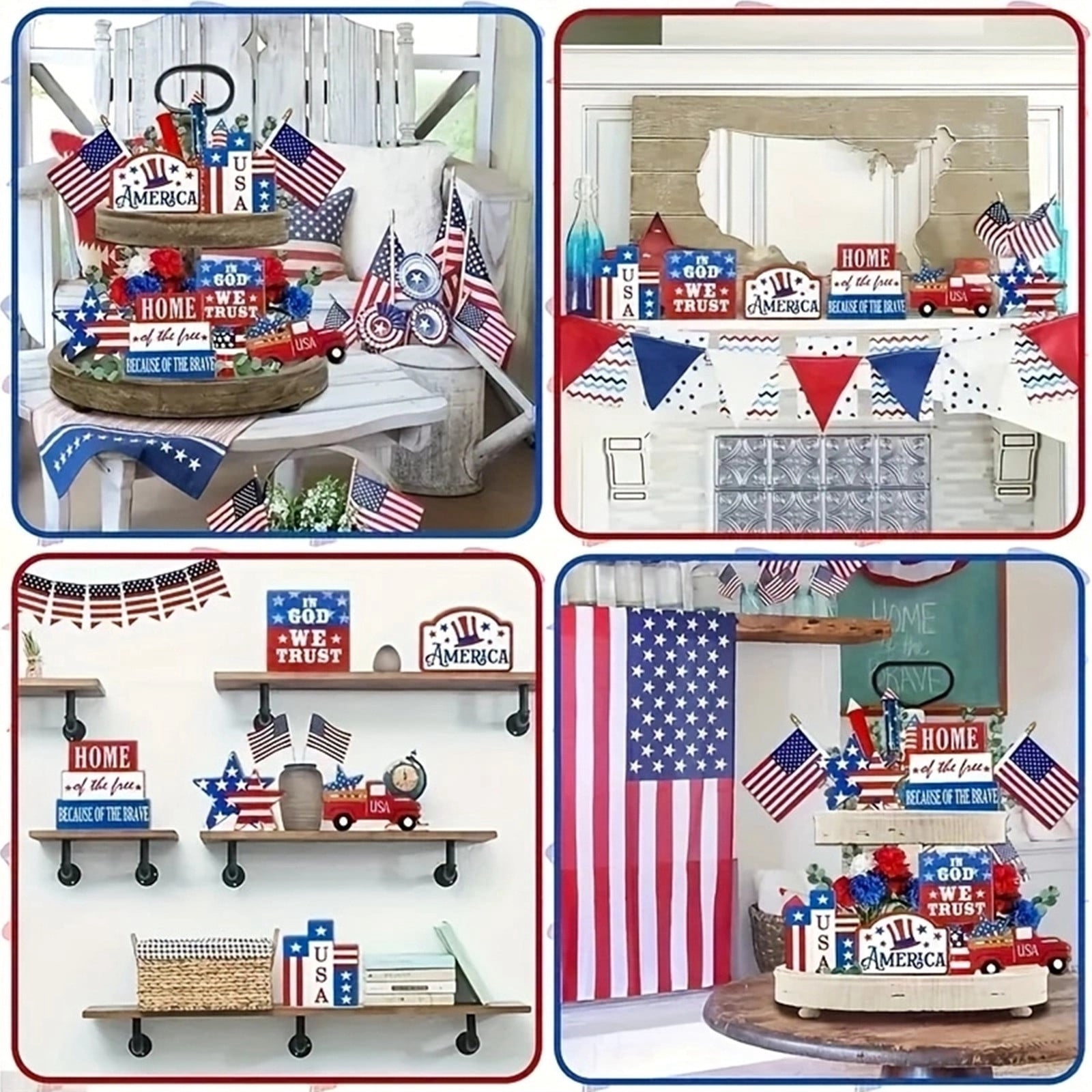 6 Pcs 4th of July Patriotic Tiered Tray Decor Set Independence Day USA ...