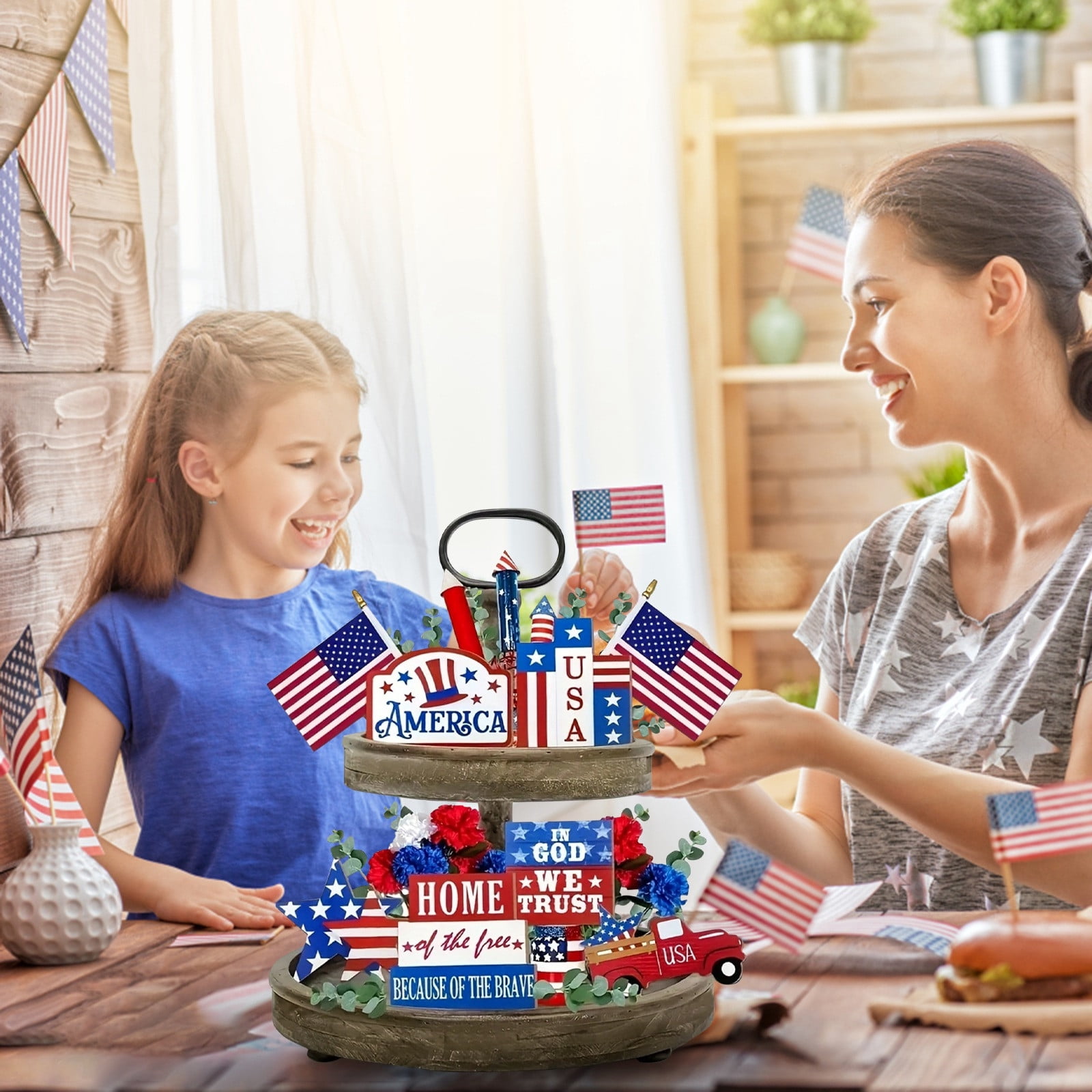 6 Pcs 4th of July Patriotic Tiered Tray Decoration Independence Day USA ...