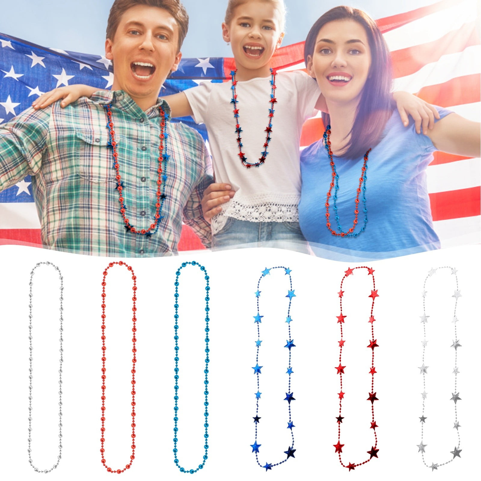 6 Pcs 4th of July Party Favors Set, Red White Blue Beads Necklace with ...